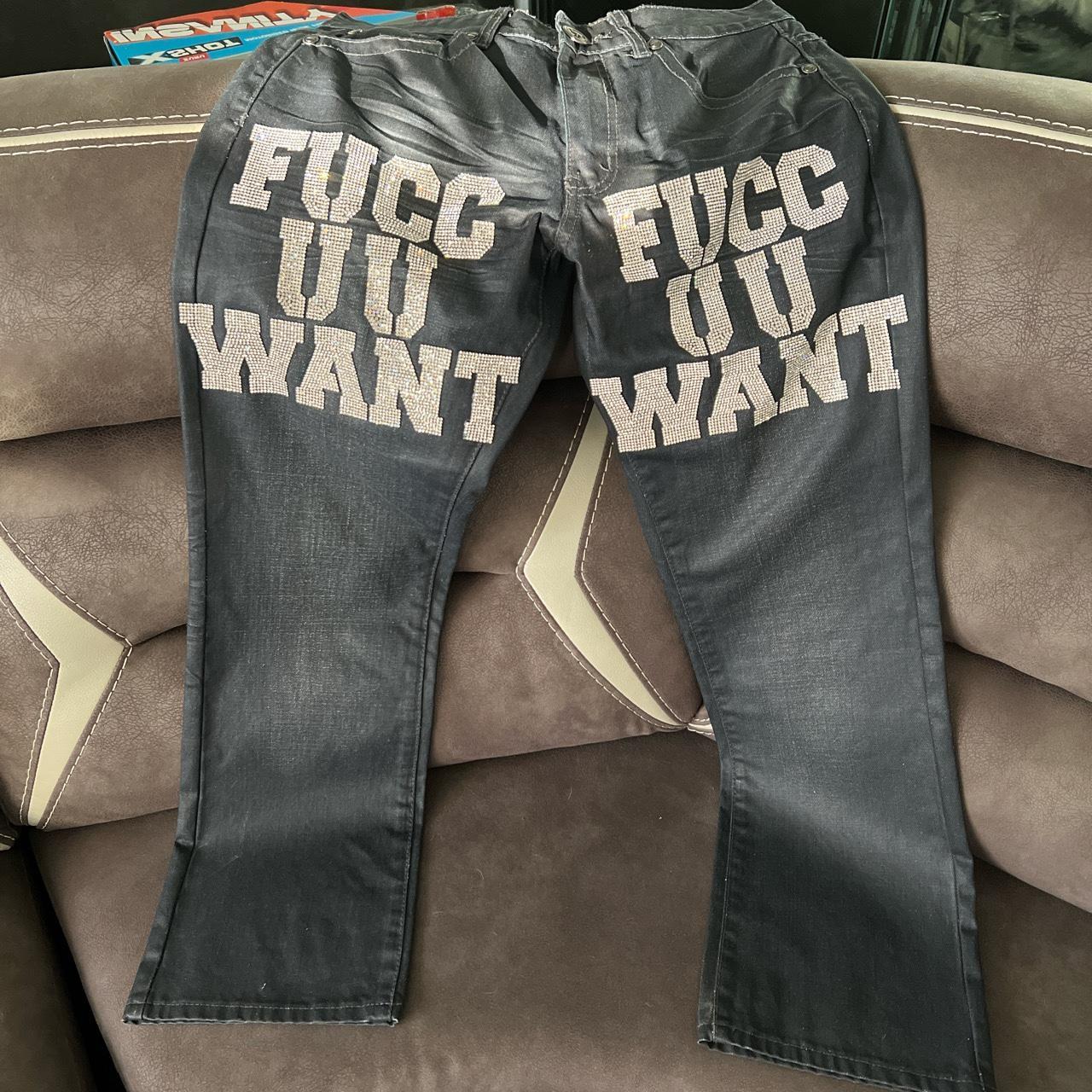 FUCCUUWANT DENIM SIZE 32x 30 RHINESTONE PANEL FONT... - Depop