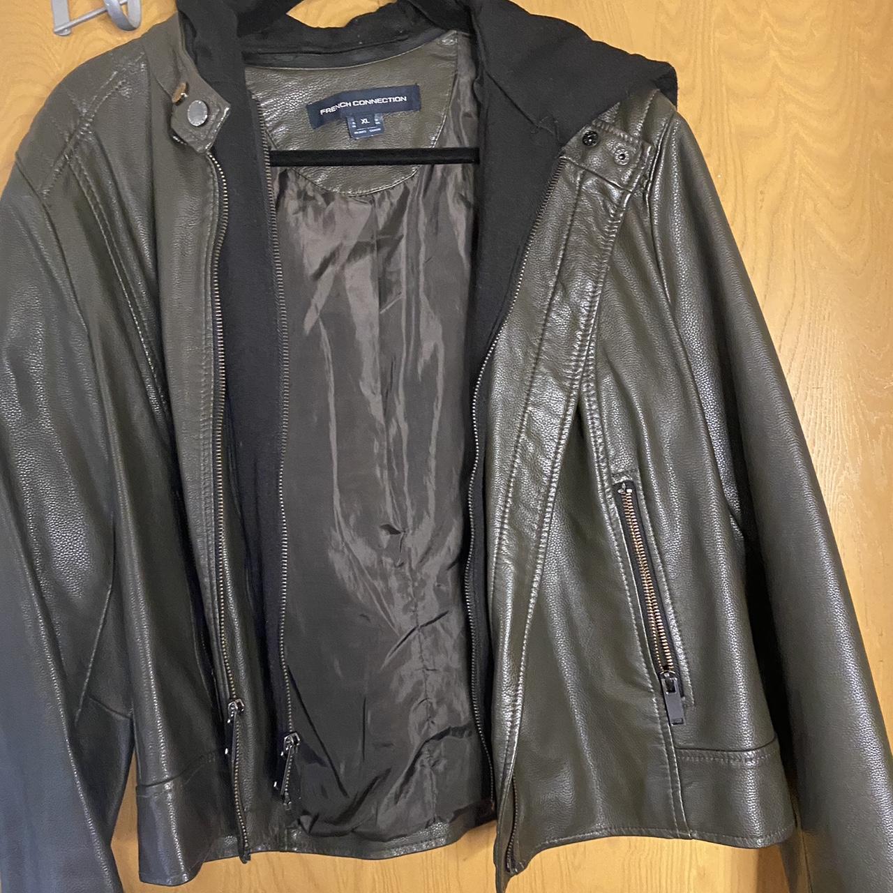 Charcoal Leather French Connection moto-jacket... - Depop