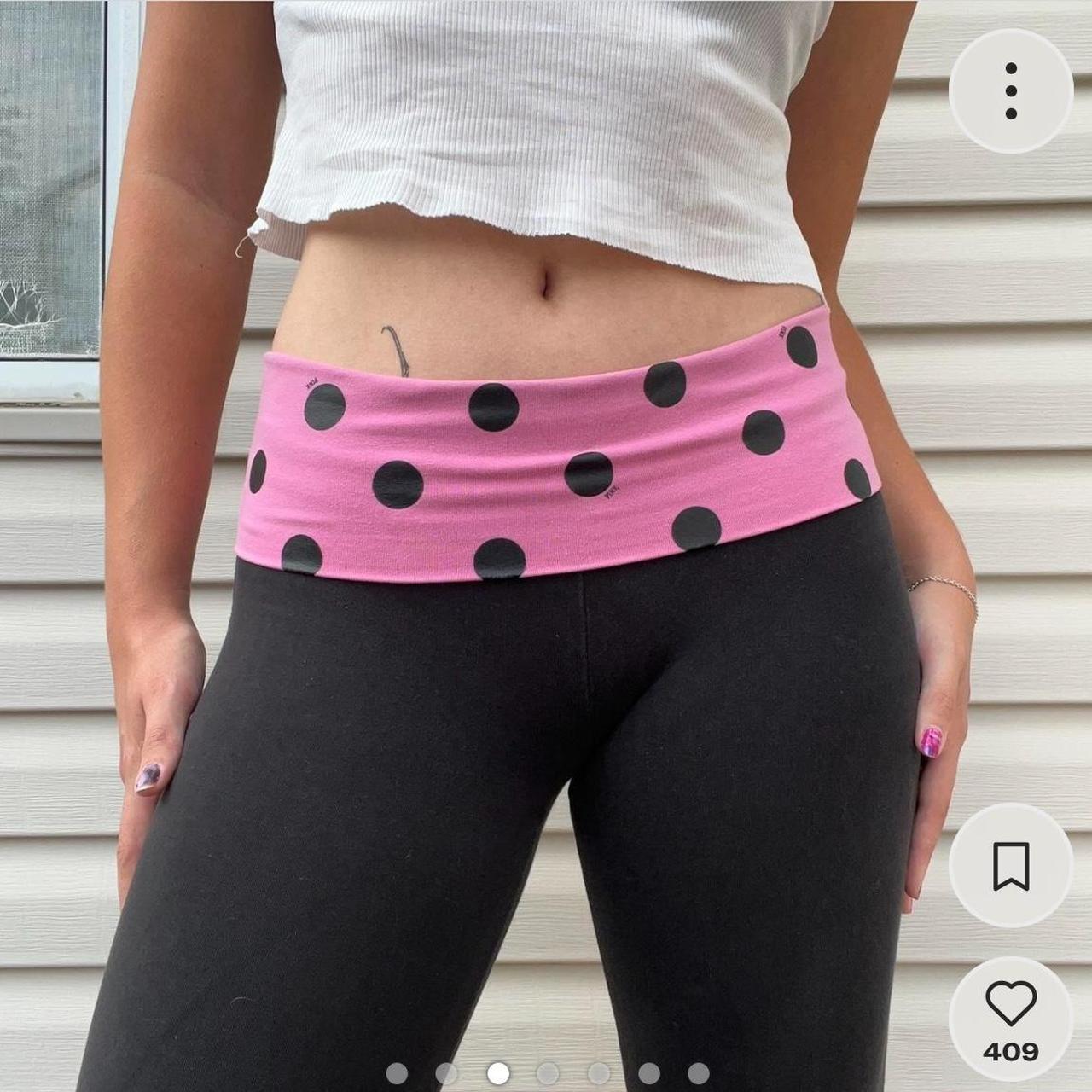 Pink and black polka dot fold-over PINK flare yoga... - Depop