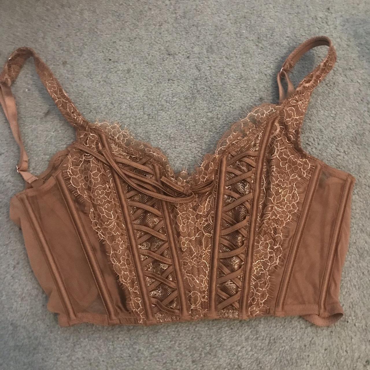 victoria’s secret brown lace bow corset top, size... - Depop