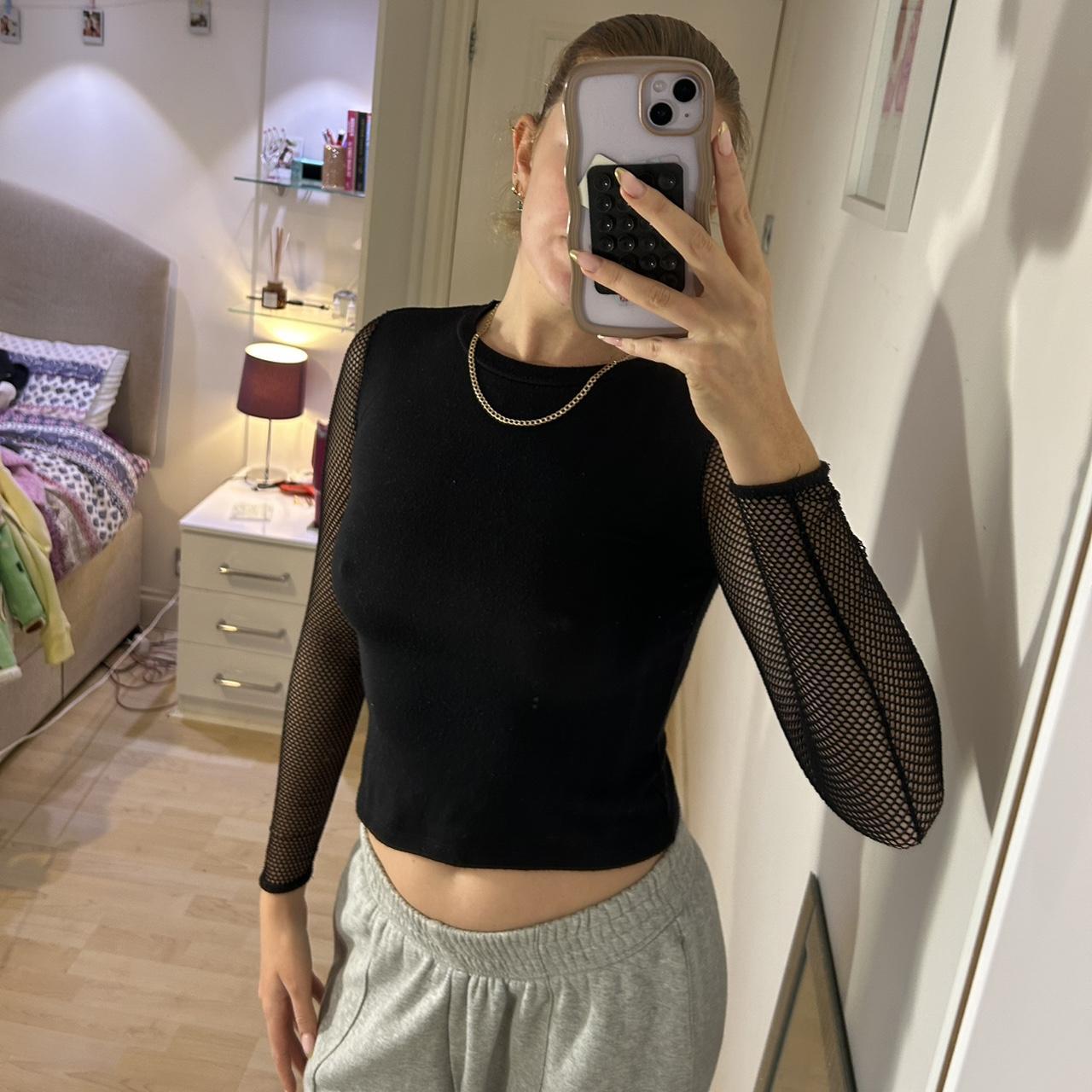 Black zara fish net long sleeved top Size Small A... | Depop