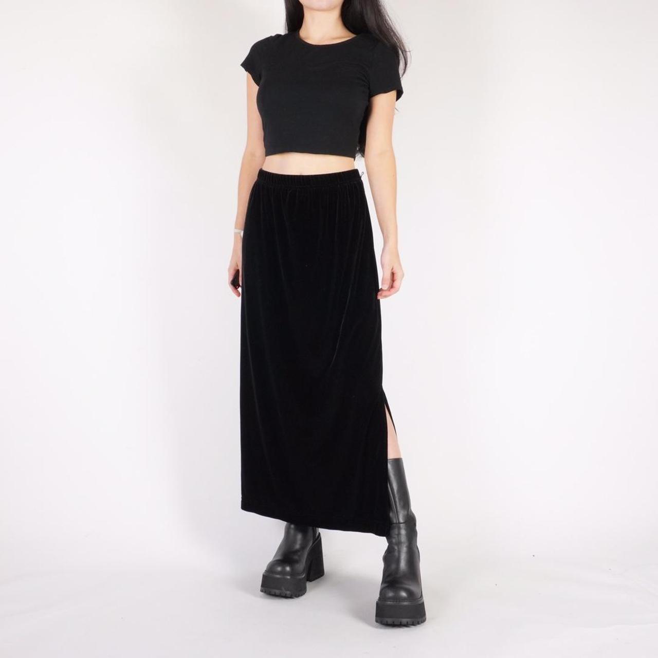 90s Black Velvet Maxi Skirt W Stretch Waist Brand Depop