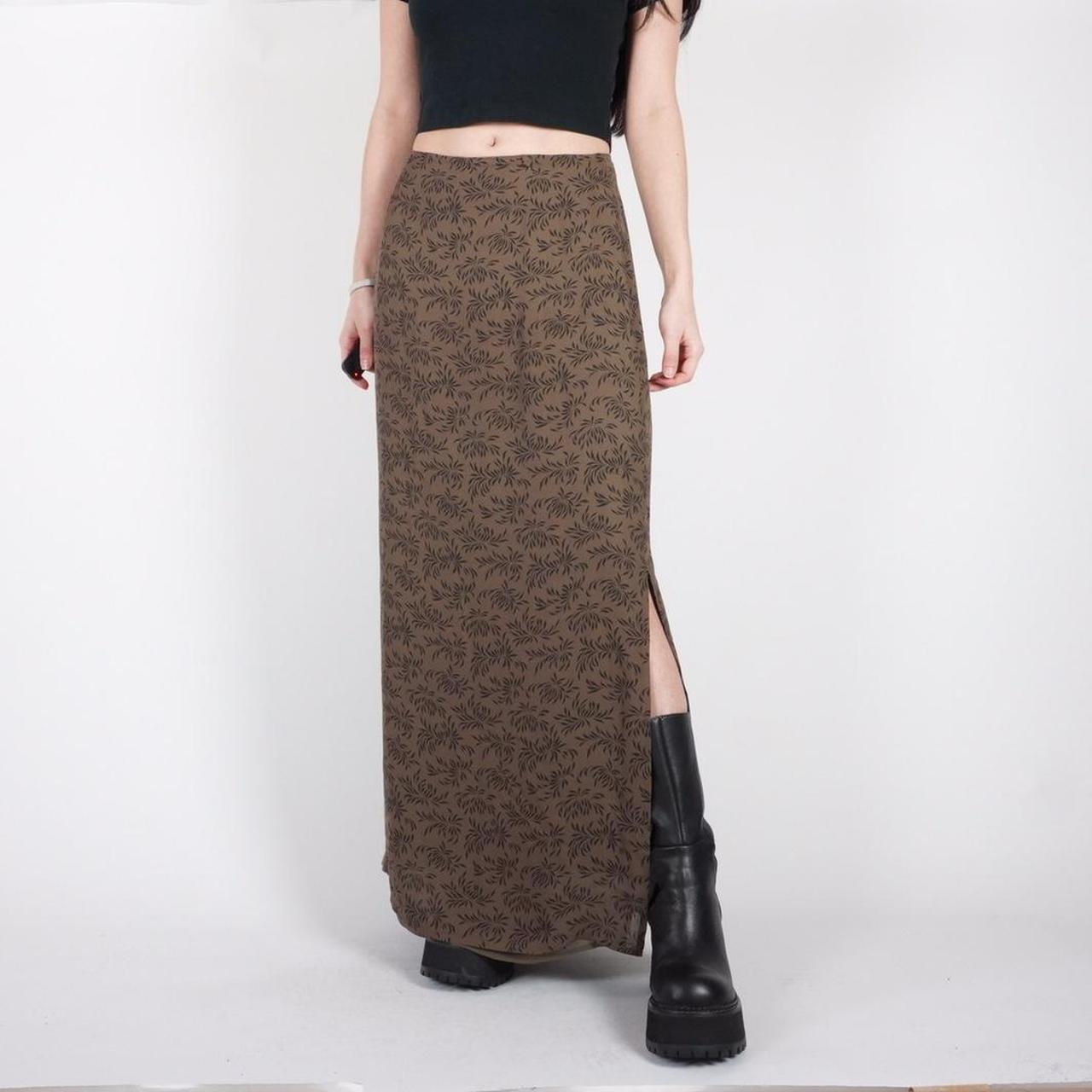 90s green silk floral maxi skirt w/ slits Brand:... - Depop