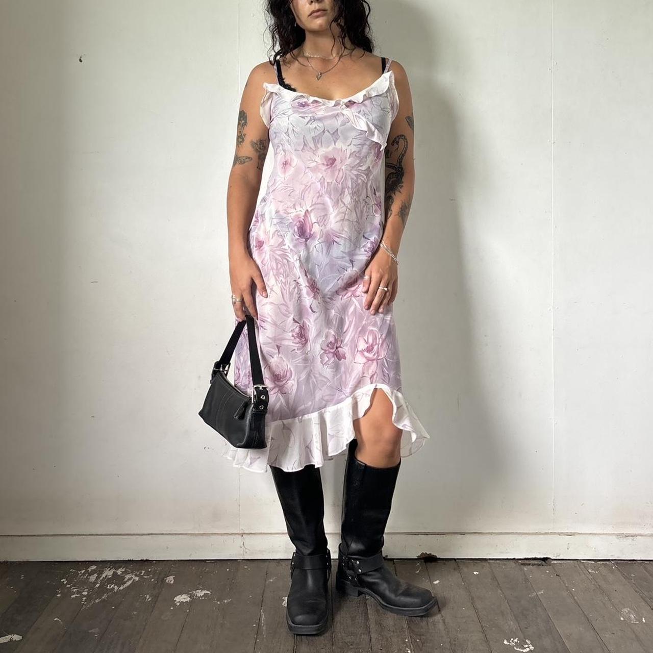 2000'S SHEER PURPLE FLORAL MIDI DRESS This vintage... | Depop