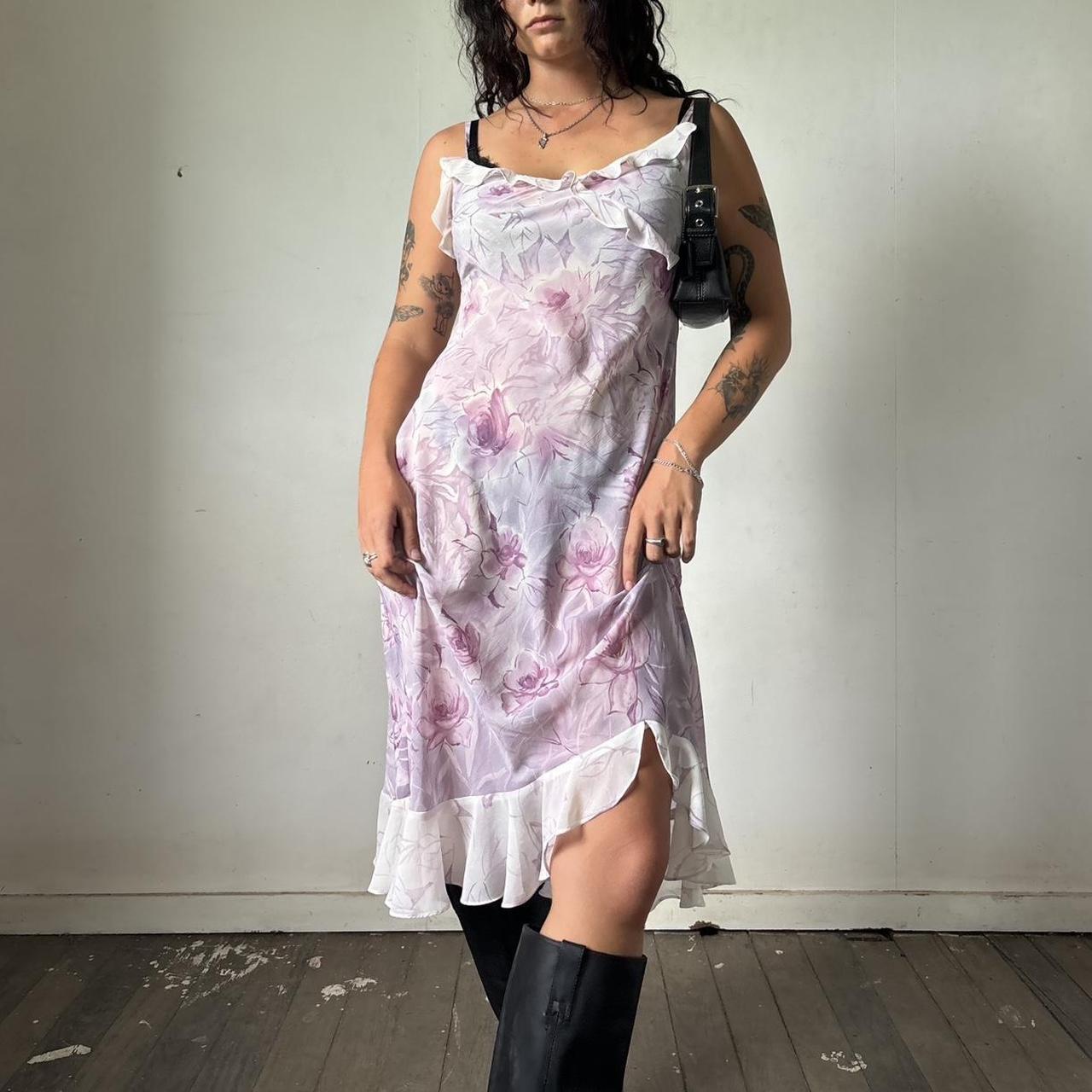 2000'S SHEER PURPLE FLORAL MIDI DRESS This vintage... | Depop