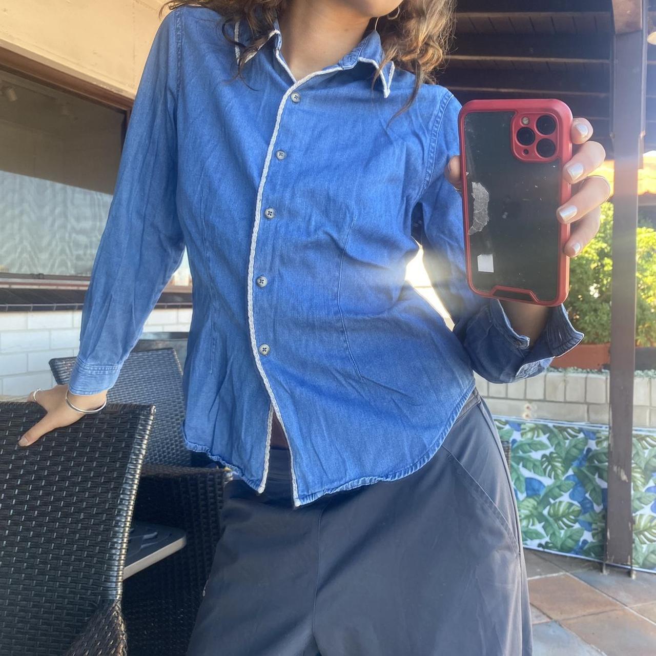 Fake denim vintage long sleeve shirt Button down... - Depop