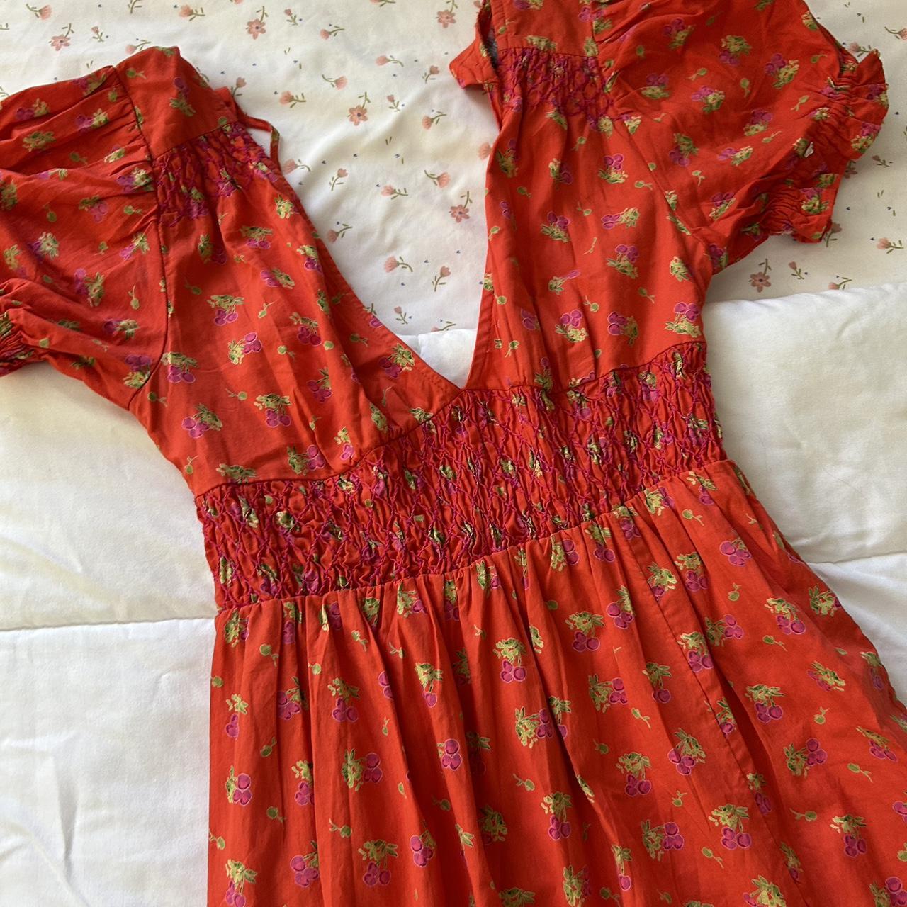 Urban Outfitters long red cherry print dress. Size XS. - Depop