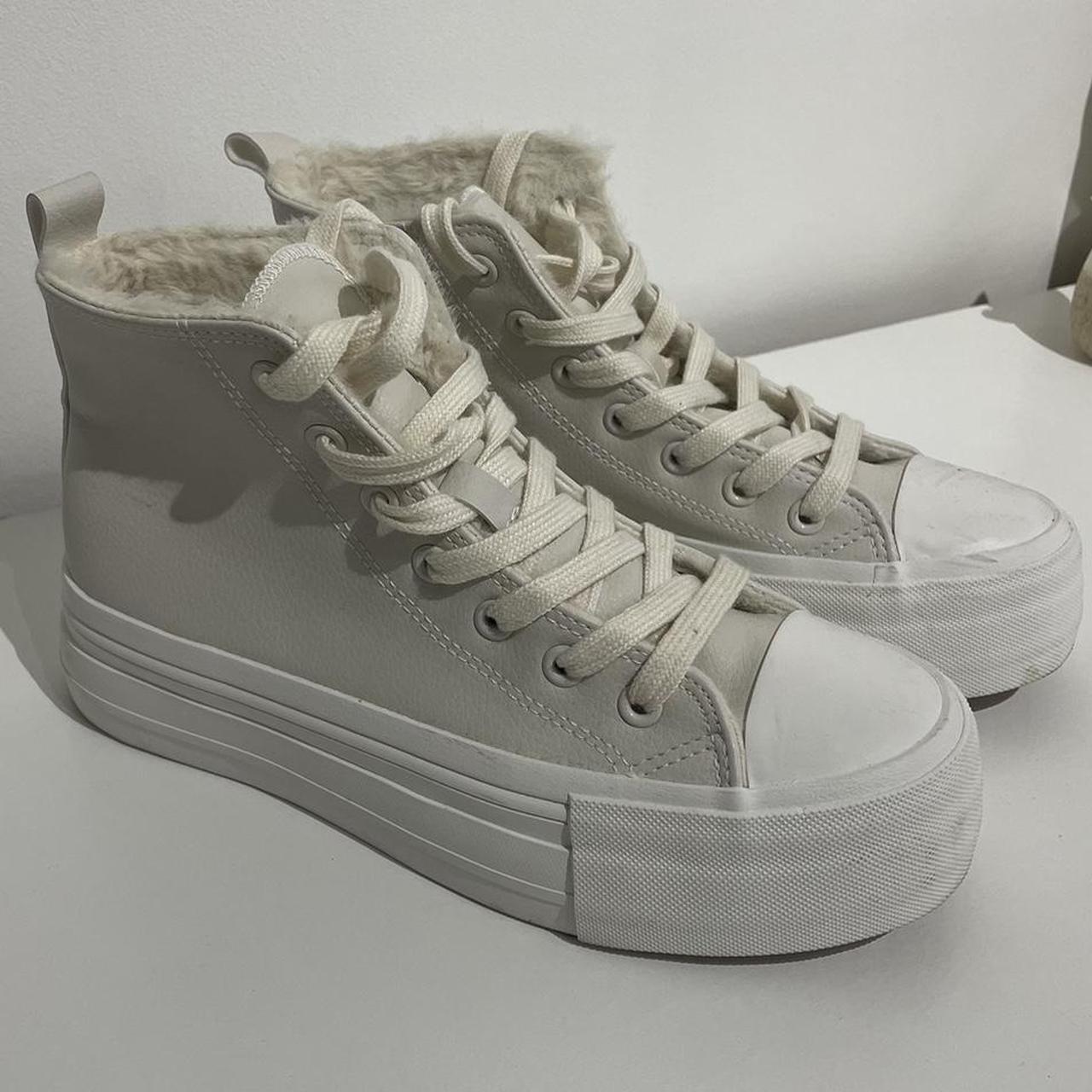 Primark Beige Hi Top Trainers Size 3 Worn once or... - Depop
