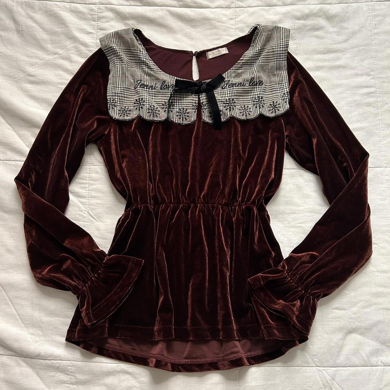Axes Femme Burgundy velvet top with plaid scalloped... - Depop