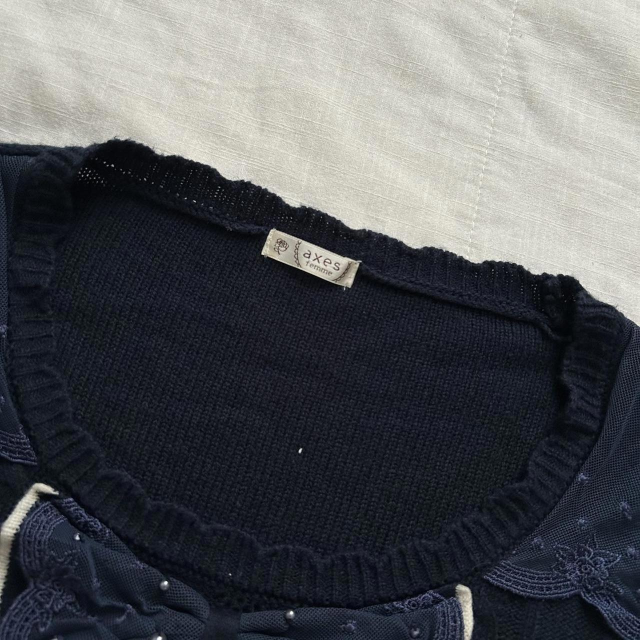 Axes Femme navy and white knitted sweater bow neck... | Depop