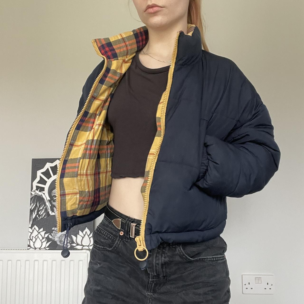 Urban Outfitters Navy Krissy Puffer coat with yellow... - Depop