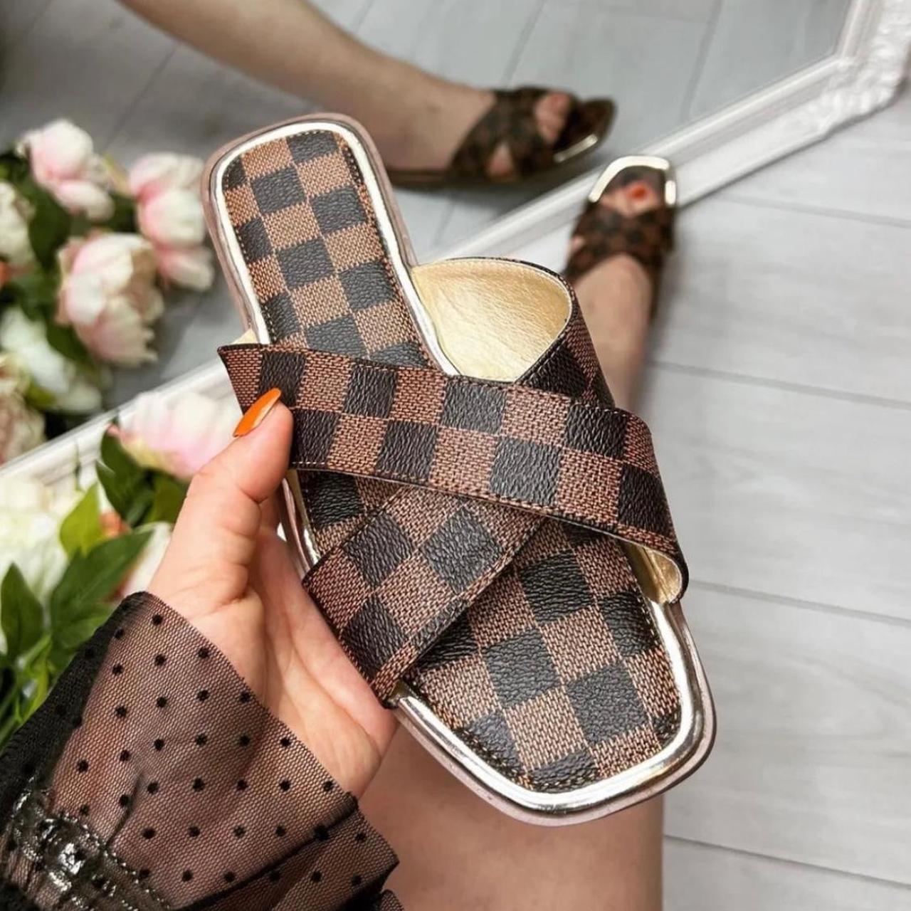 Brown checkered slides #slides - Depop