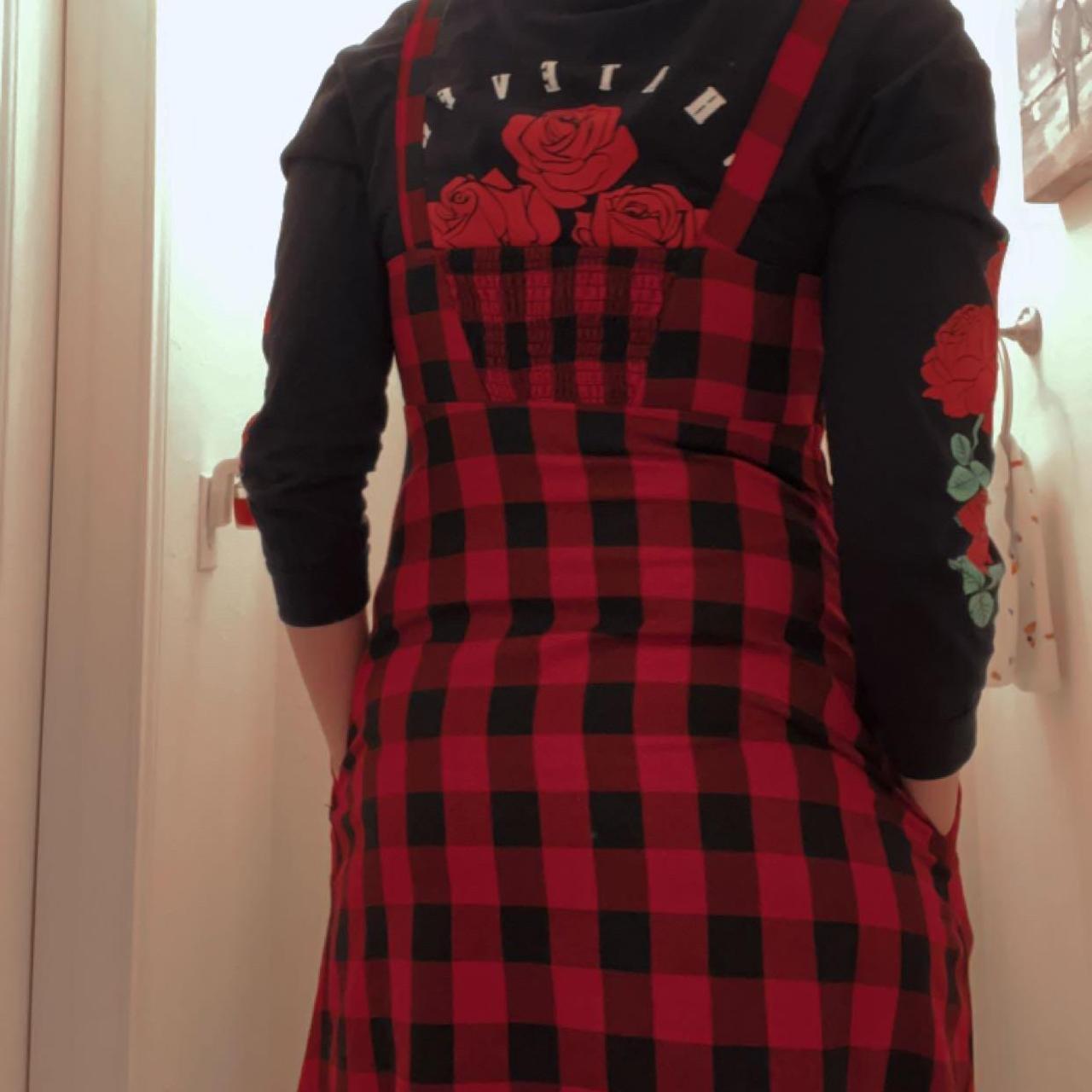 Hot Topic red and plaid overall dress with pockets ♥️... - Depop