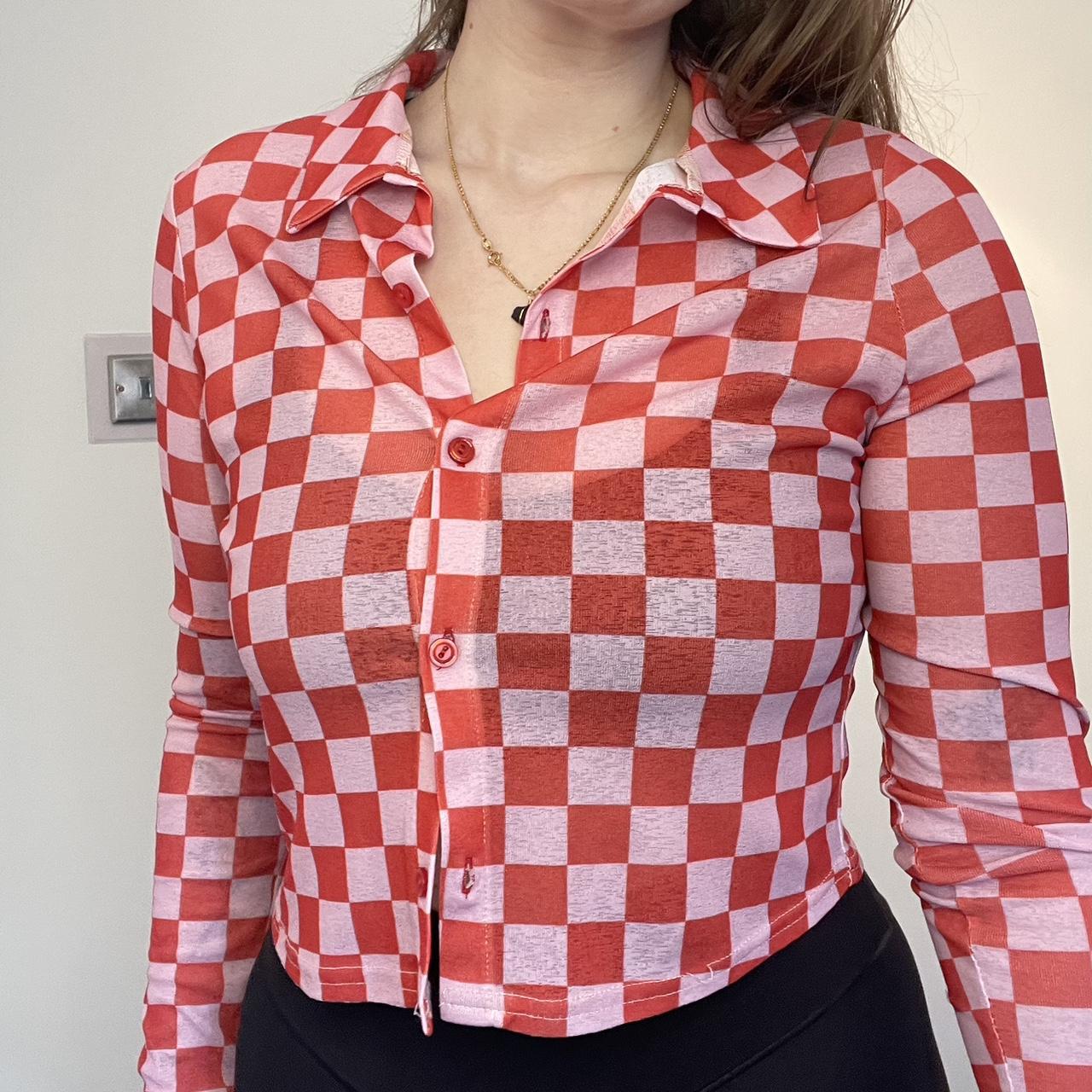 COLLUSION PINK/RED CHECKERED CARDIGAN worn once... - Depop