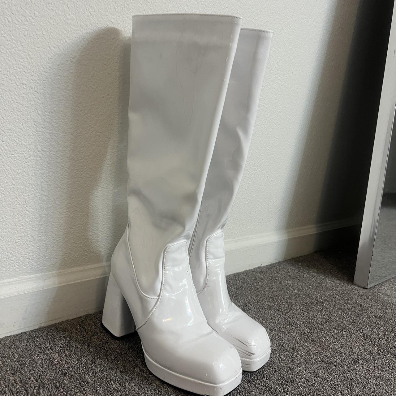 Repop! White gogo boots with some scuffing on each... | Depop
