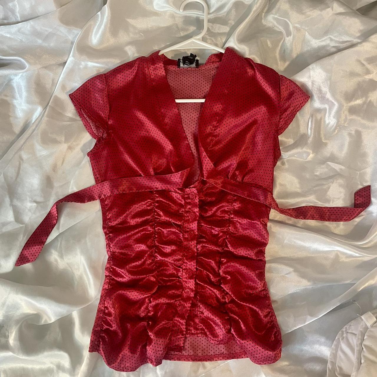 😵‍💫 This sultry and silky red button up top with... - Depop