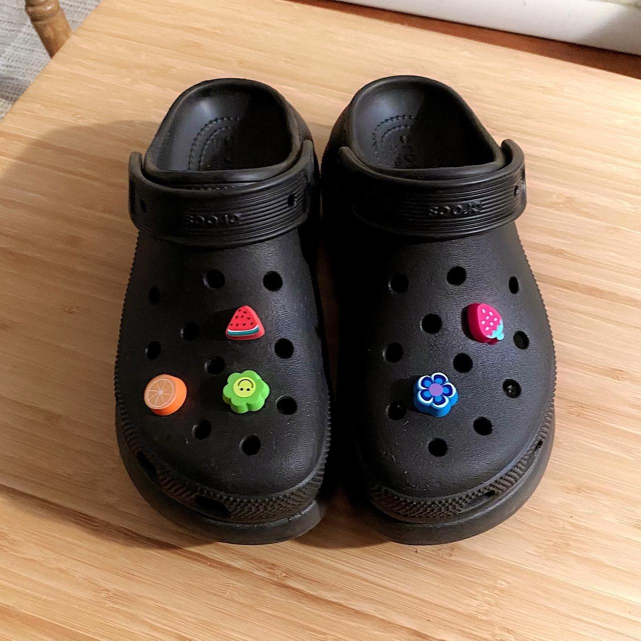 Size W7 Platform Black Crocs with Jibits SOOO SAD I... - Depop