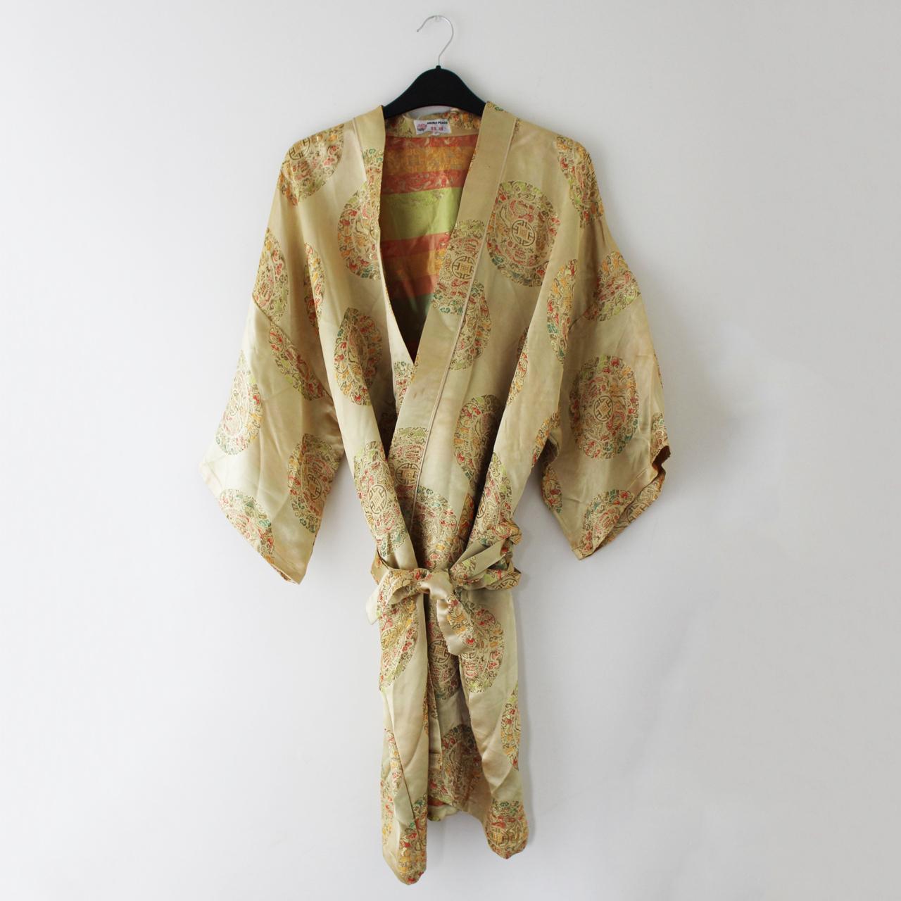 Vintage Yellow Silky Patterned Kimono Robe. Size... - Depop