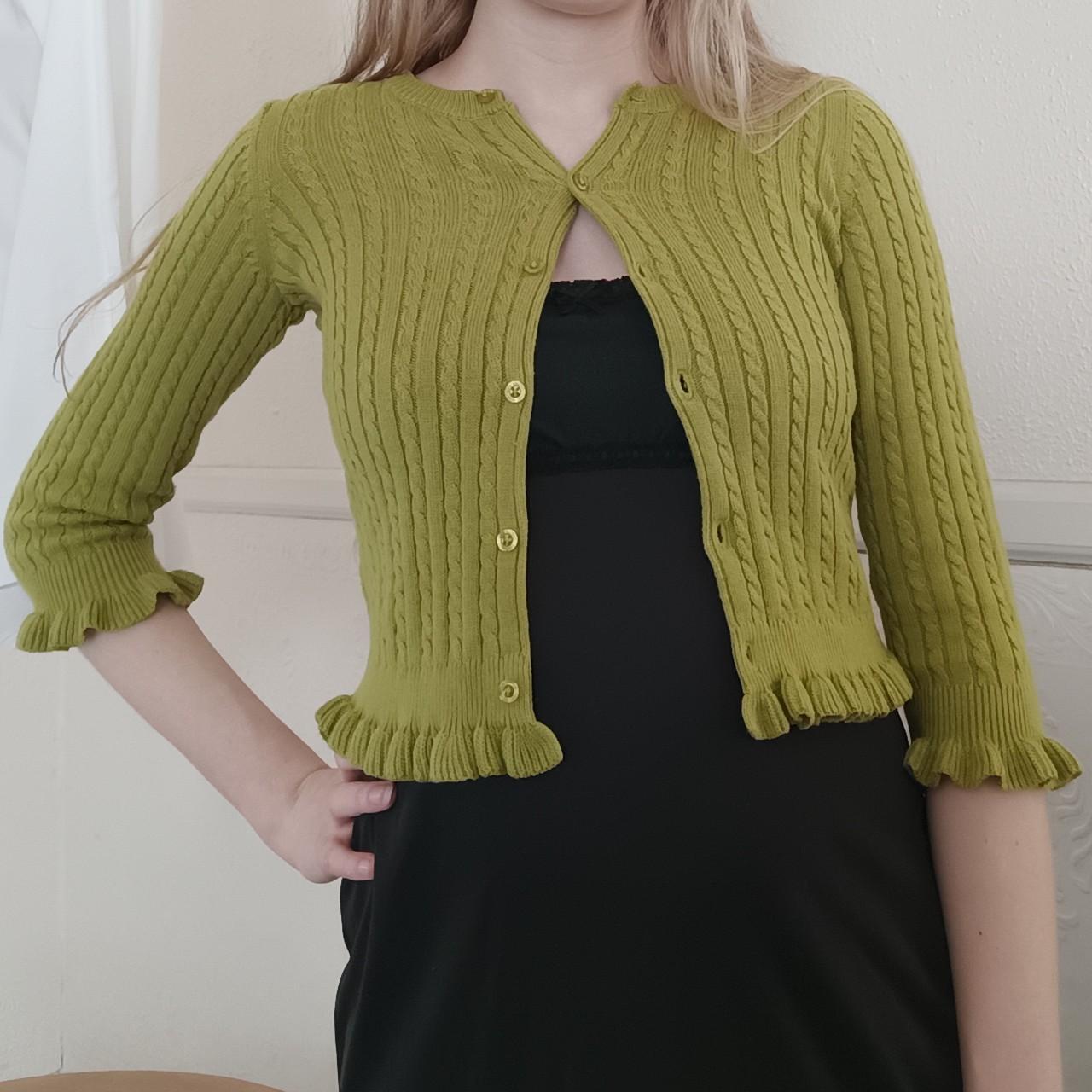 Olive green cropped cable knit frilly cardigan Size:... - Depop