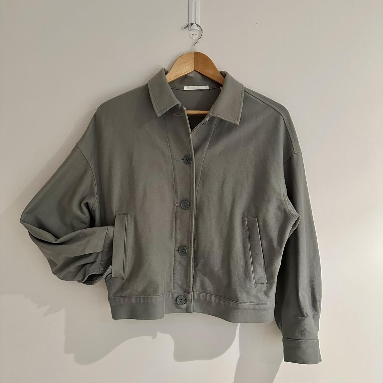 Greenish Grey Uniqlo cotton jacket with pockets... - Depop