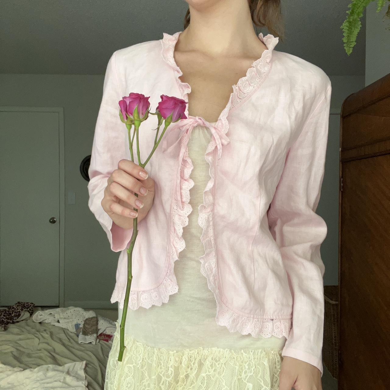 Vintage soft pastel pink frilly bow tie front... - Depop