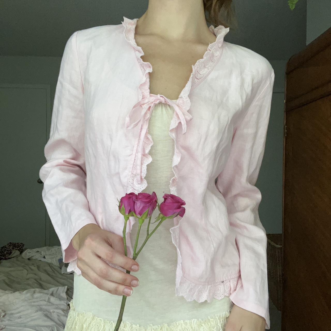Vintage soft pastel pink frilly bow tie front... - Depop