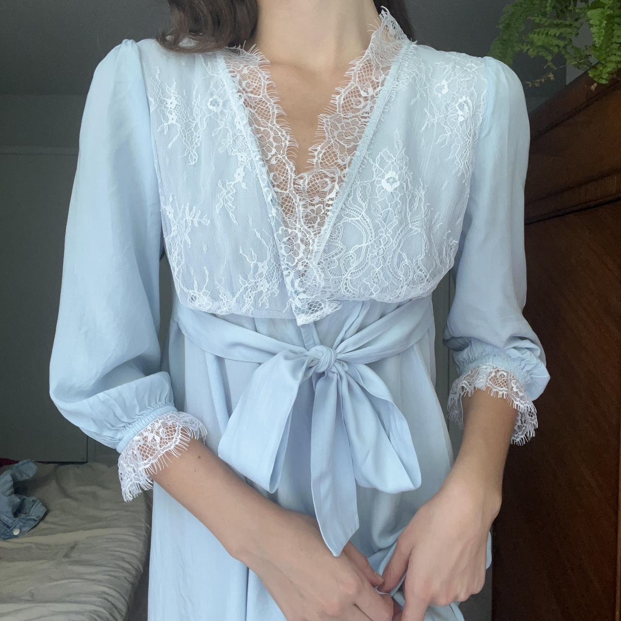 Vintage baby blue dressing robe🤍 lace trim on chest... - Depop