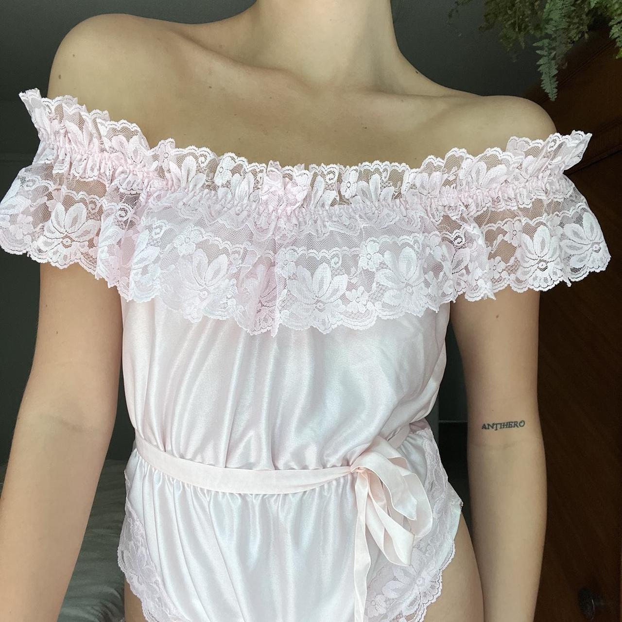 Vintage Pink Ruffle Lacey baby-doll teddy playsuit... - Depop
