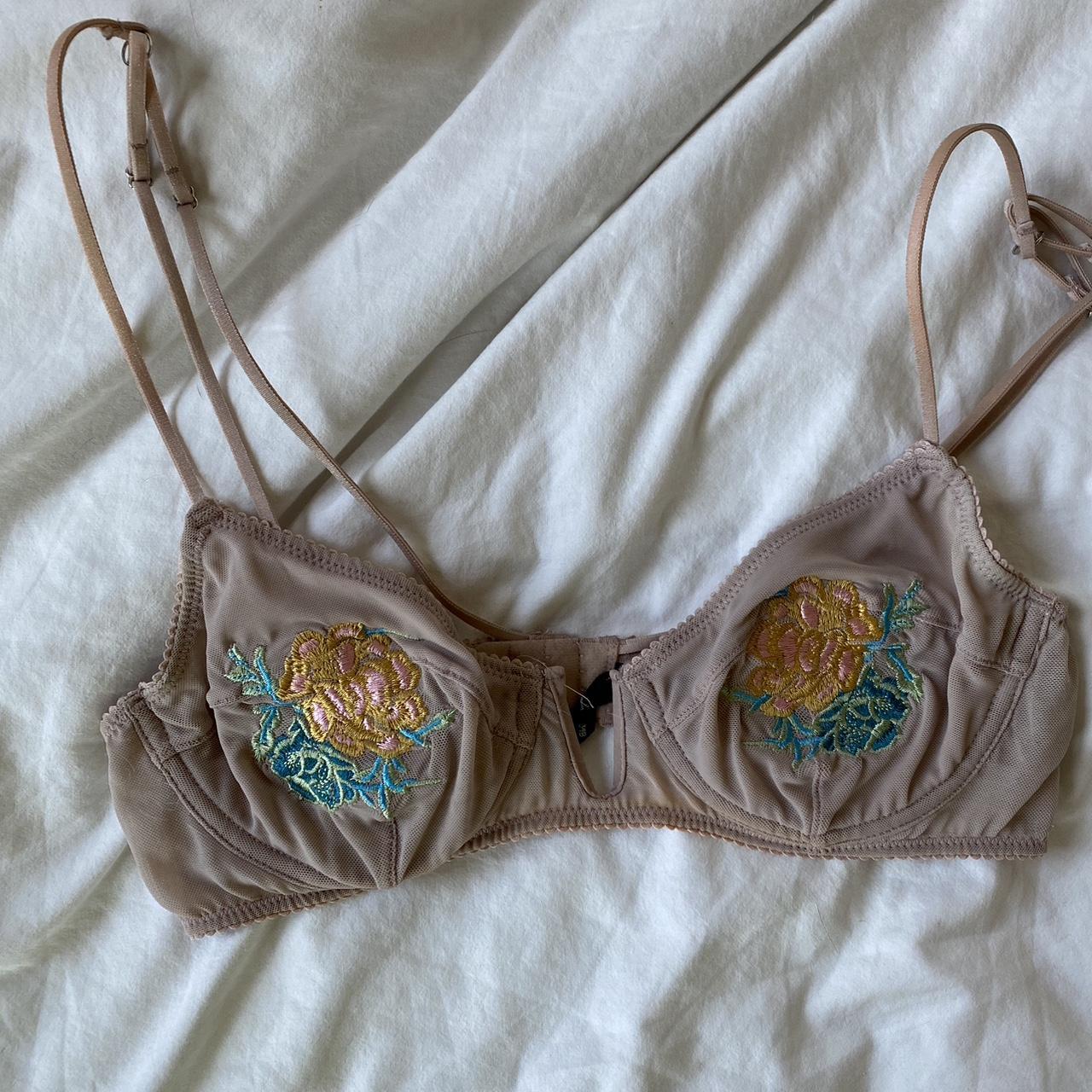 super cute mesh flower embroidered bra, only worn a... - Depop