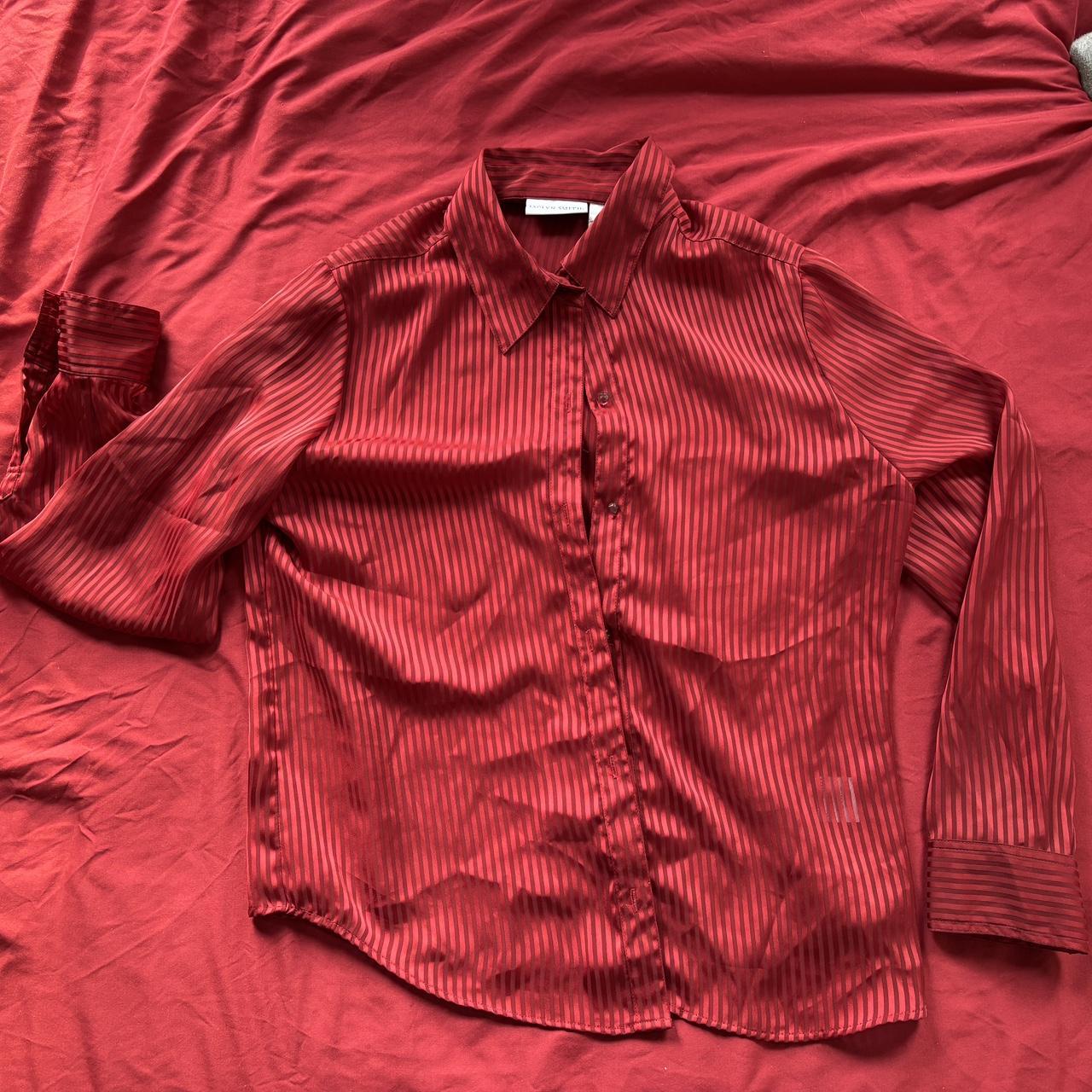 sheer red striped button-up shirt with a 90s vibe,... | Depop