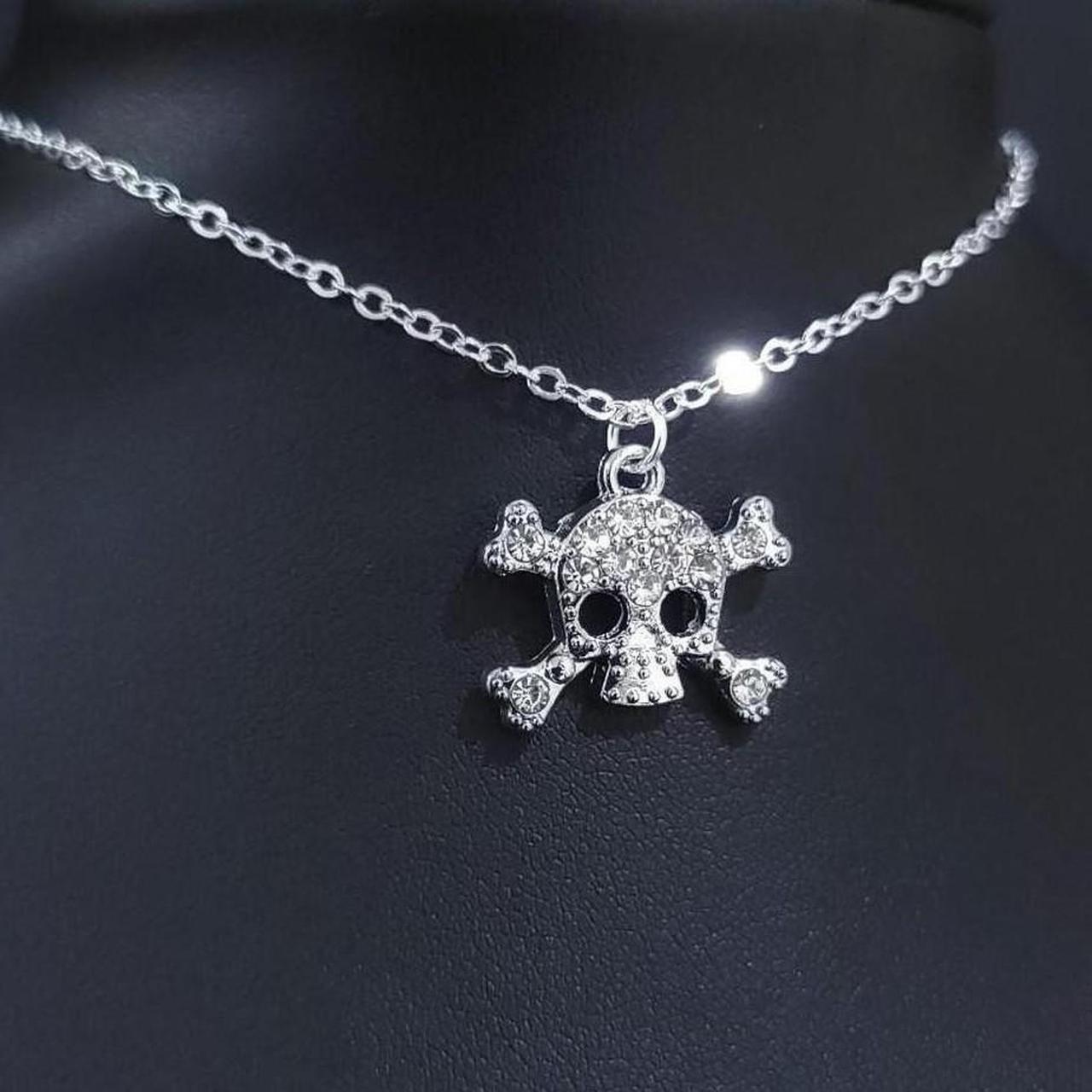 Rhinestone Skull & Crossbones Choker Silver-plated... - Depop
