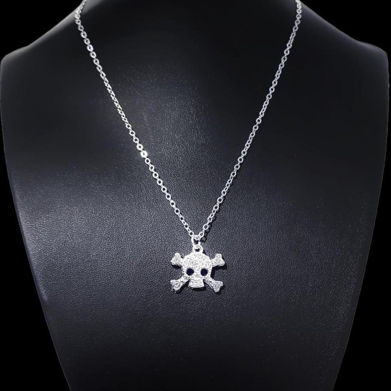 16" Rhinestone Skull Necklace ... Crystal Silver... - Depop