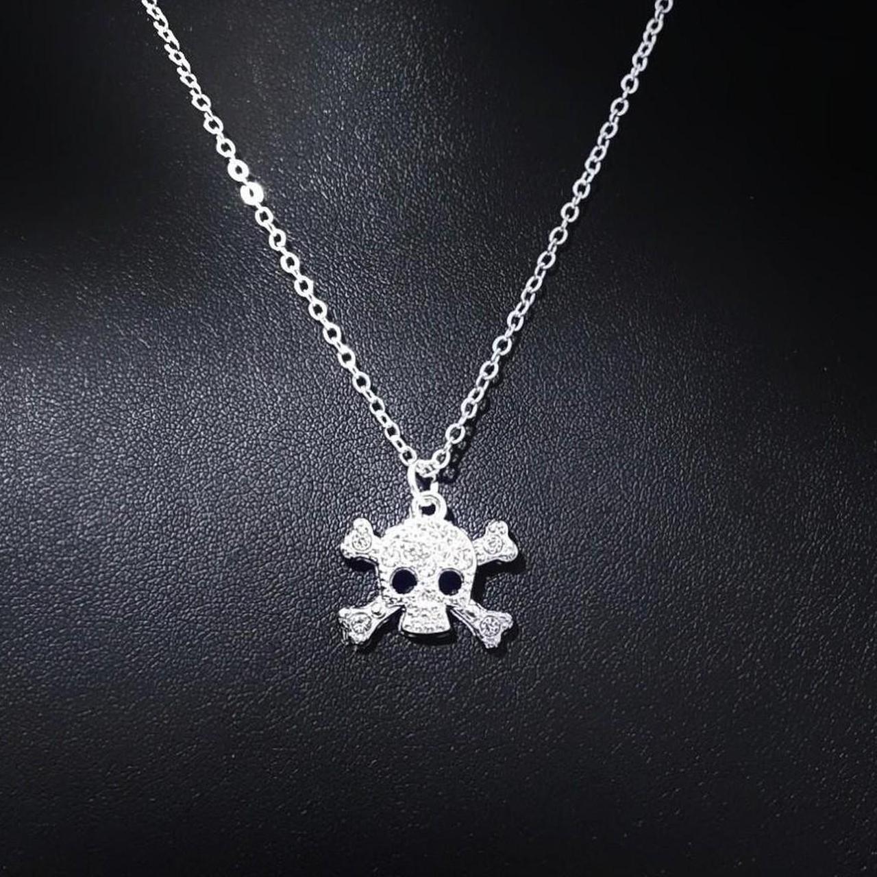 16" Rhinestone Skull Necklace ... Crystal Silver... - Depop