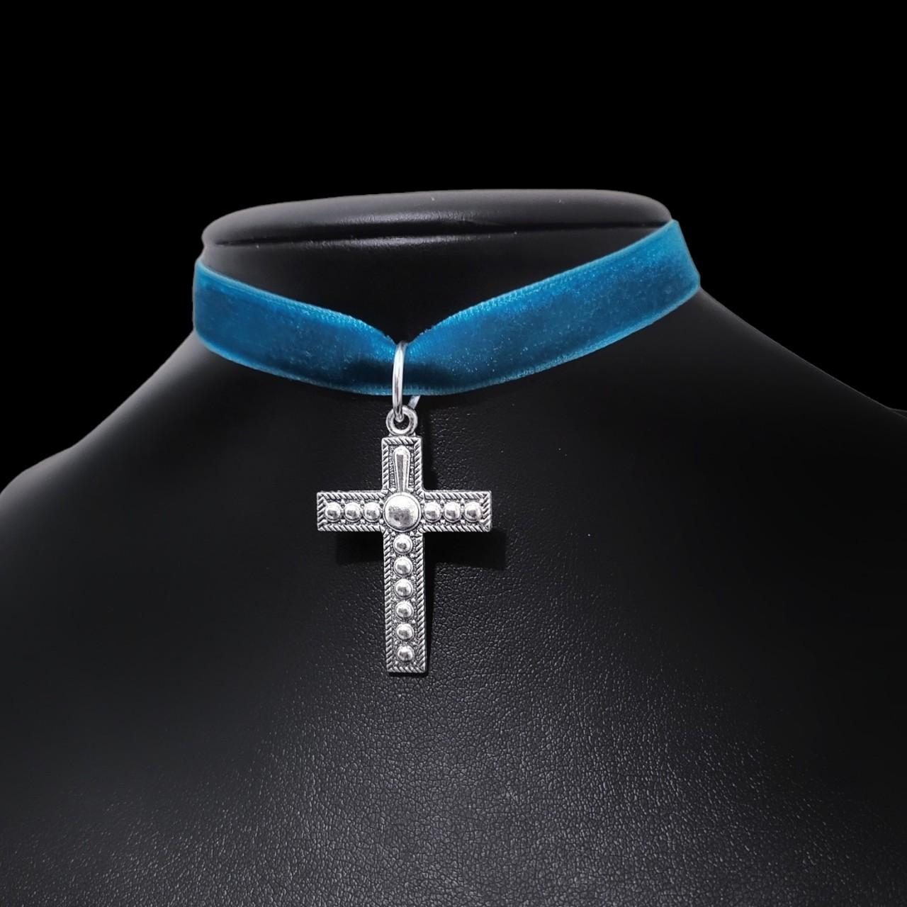 Blue Velvet Cross Choker 019 Silver Cross Pendant.... - Depop