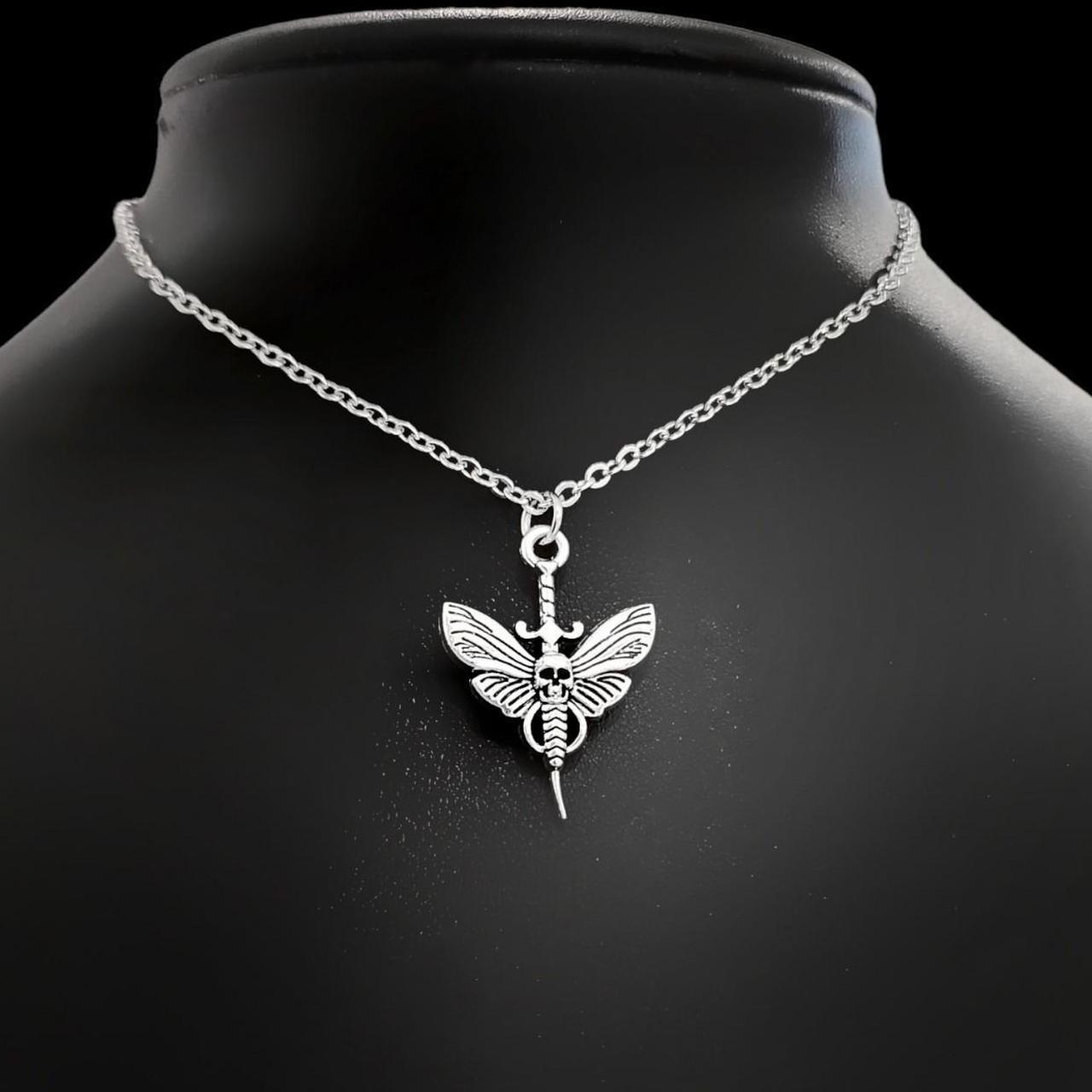 Silver Sword Moth Choker ... GOTHIC Skull Moth Sword... - Depop