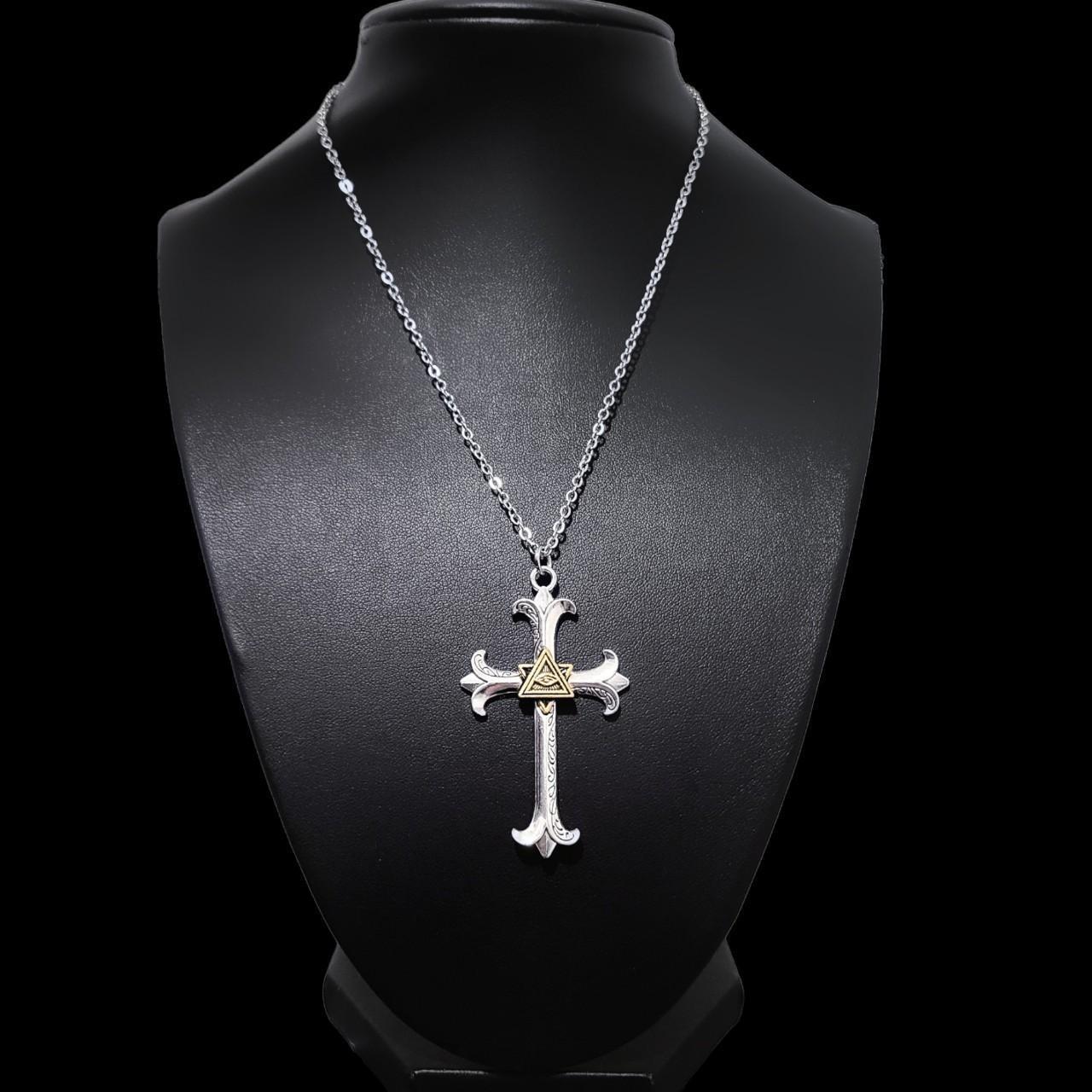 All-Seeing Eye Cross Necklace ... Silver Cross... - Depop