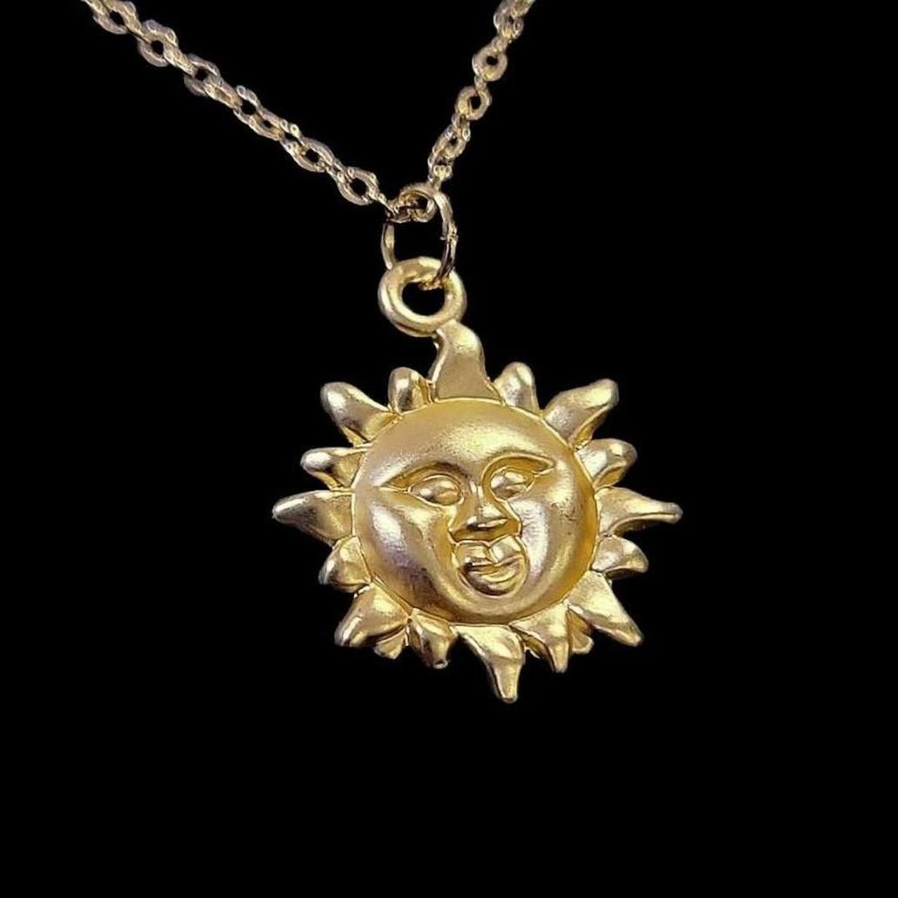 16" Gold Sun Necklace. ... Gold-tone Sun Face... - Depop