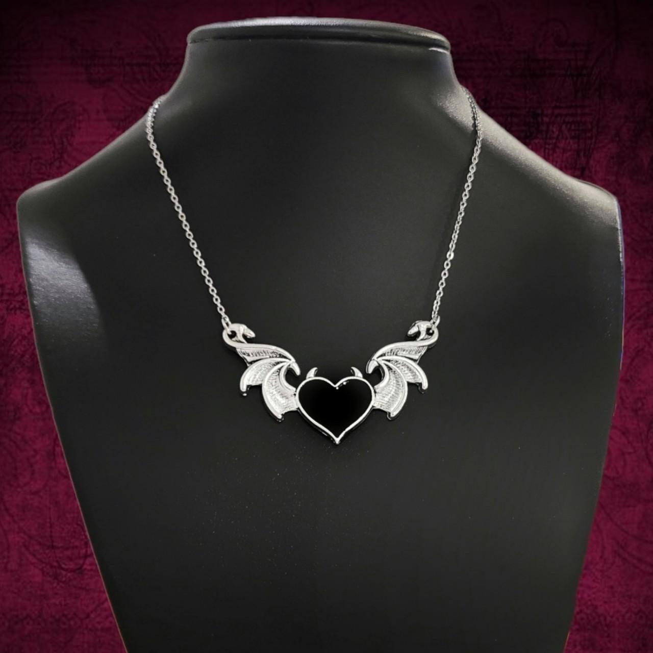 Black Batwing Heart Necklace ... Black Enamel and... - Depop