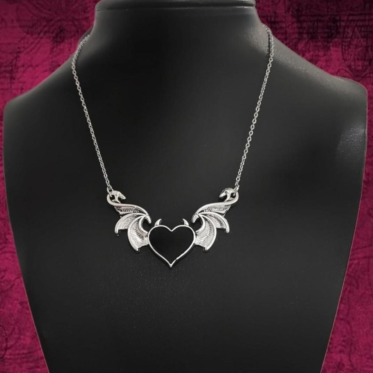 Black Batwing Heart Necklace ... Black Enamel and... - Depop