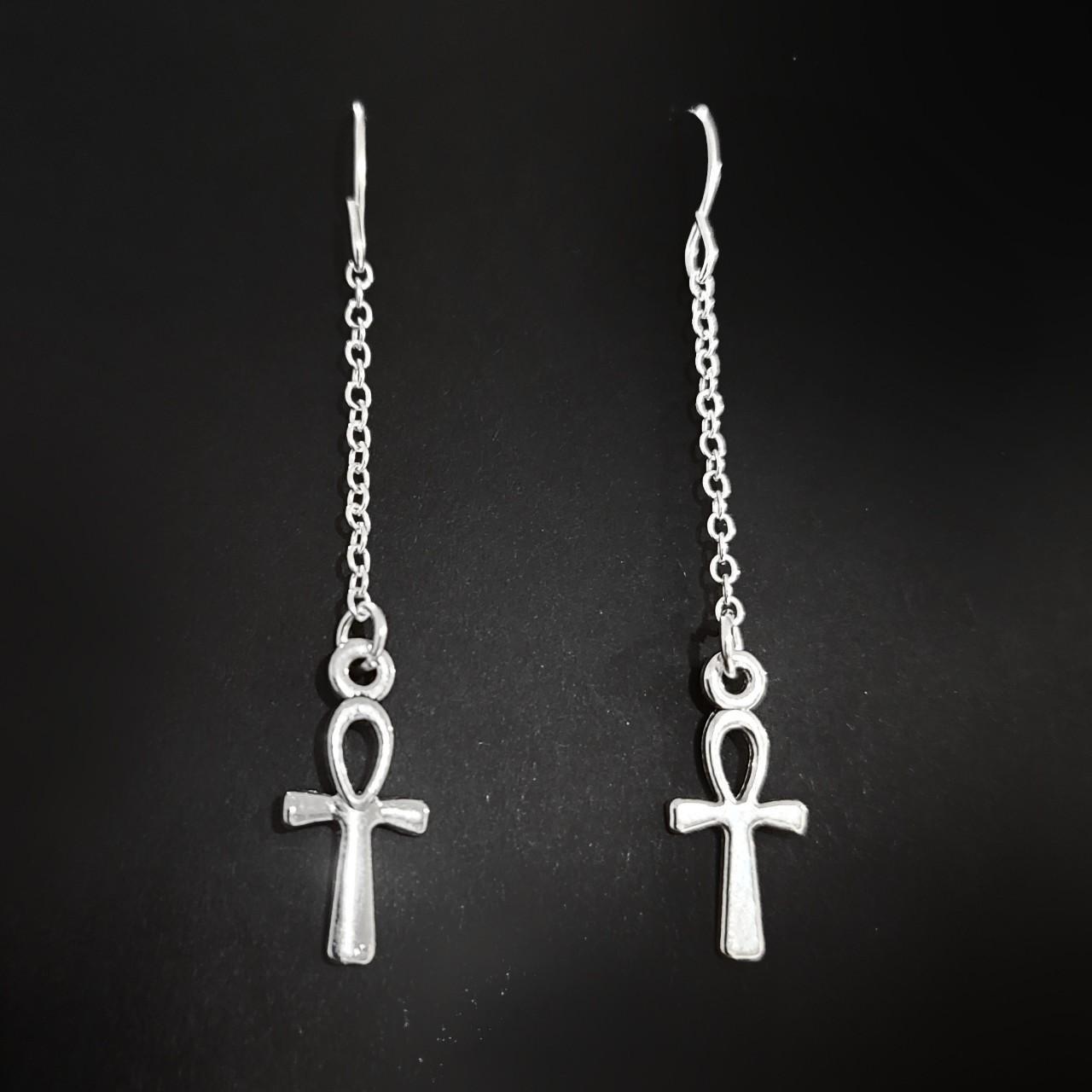 Silver Ankh Chain Earrings . Silver-plated Ankh... - Depop