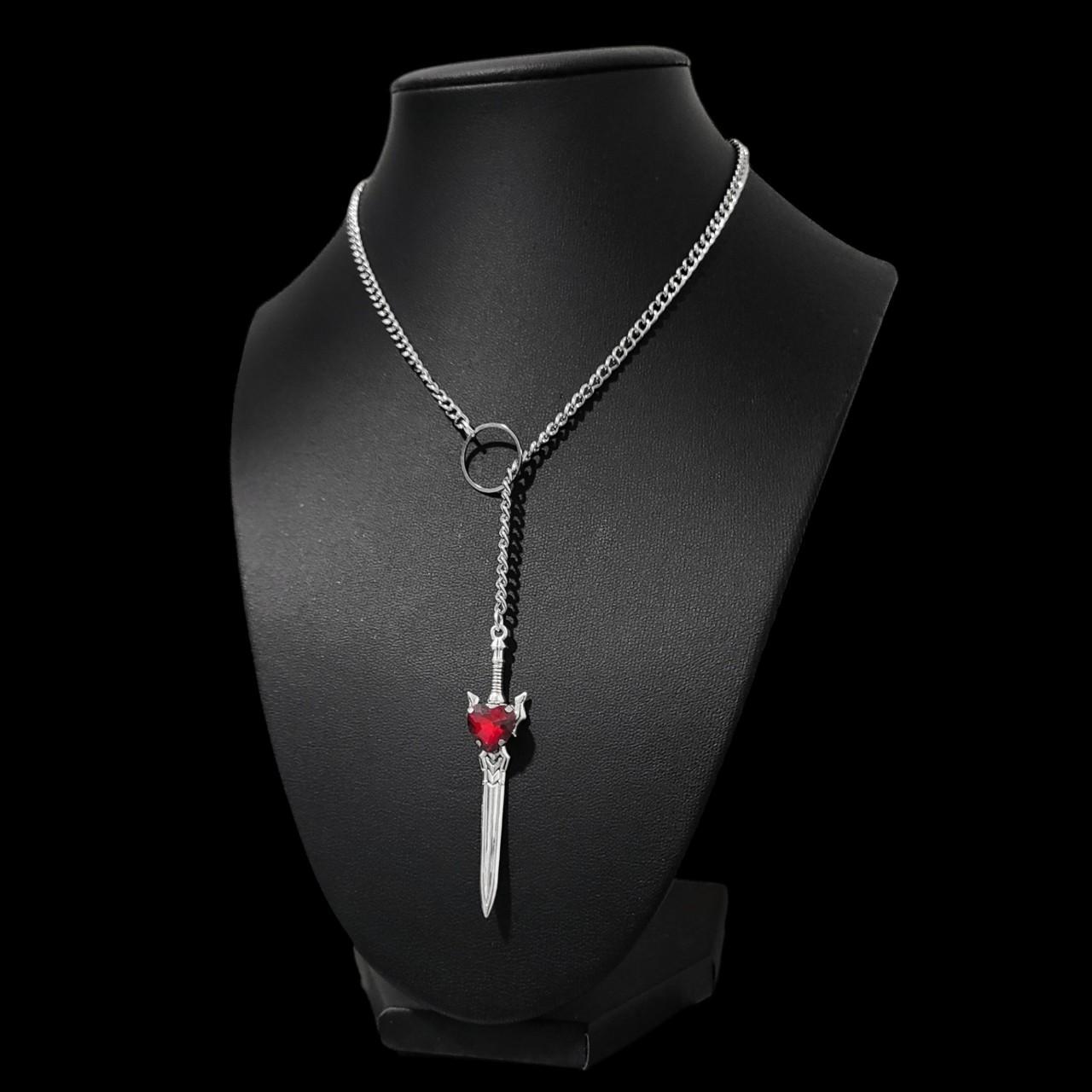 Red Crystal Heart Sword Lariat Necklace *Sparkly... | Depop