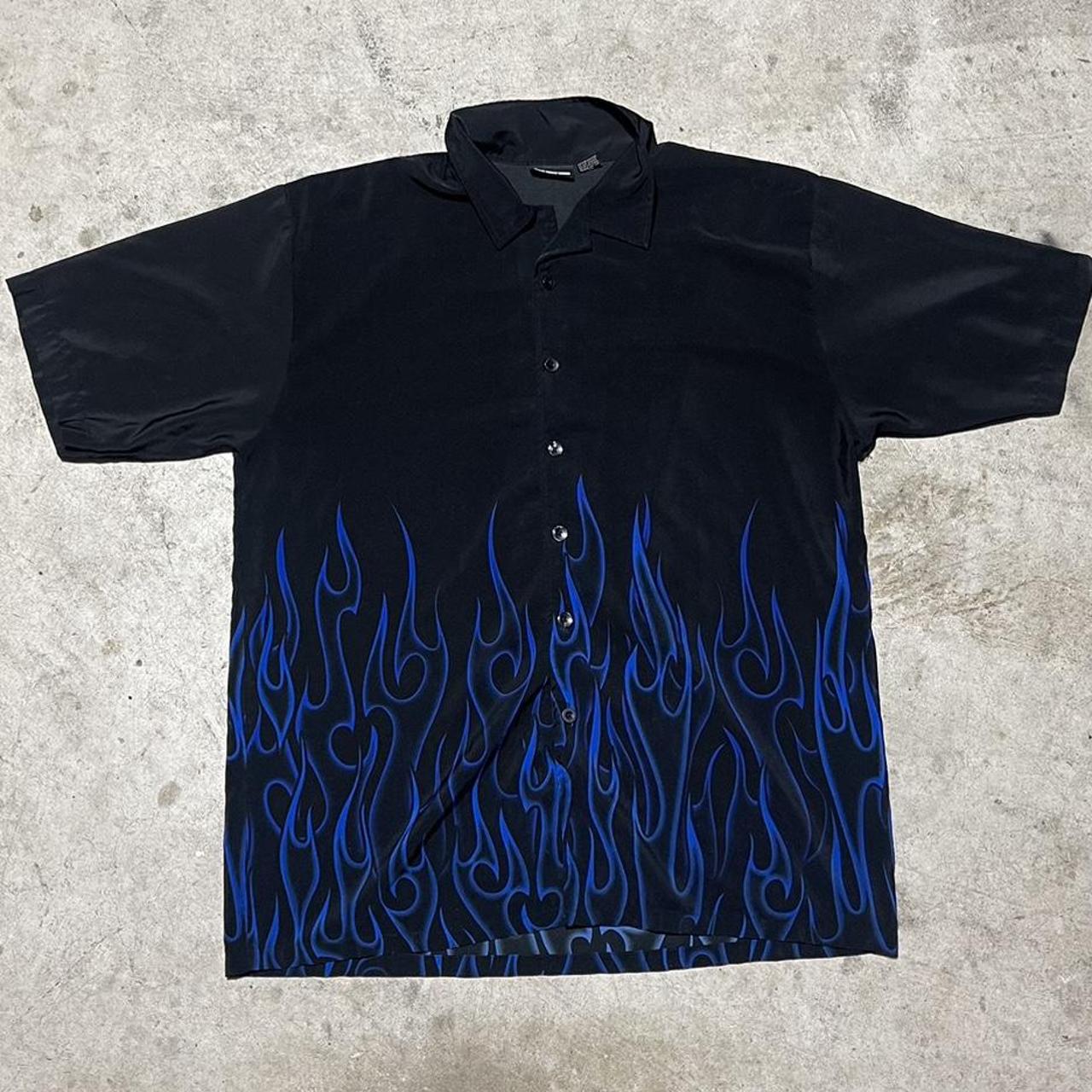 Odo blue flame and black button down shirt... - Depop