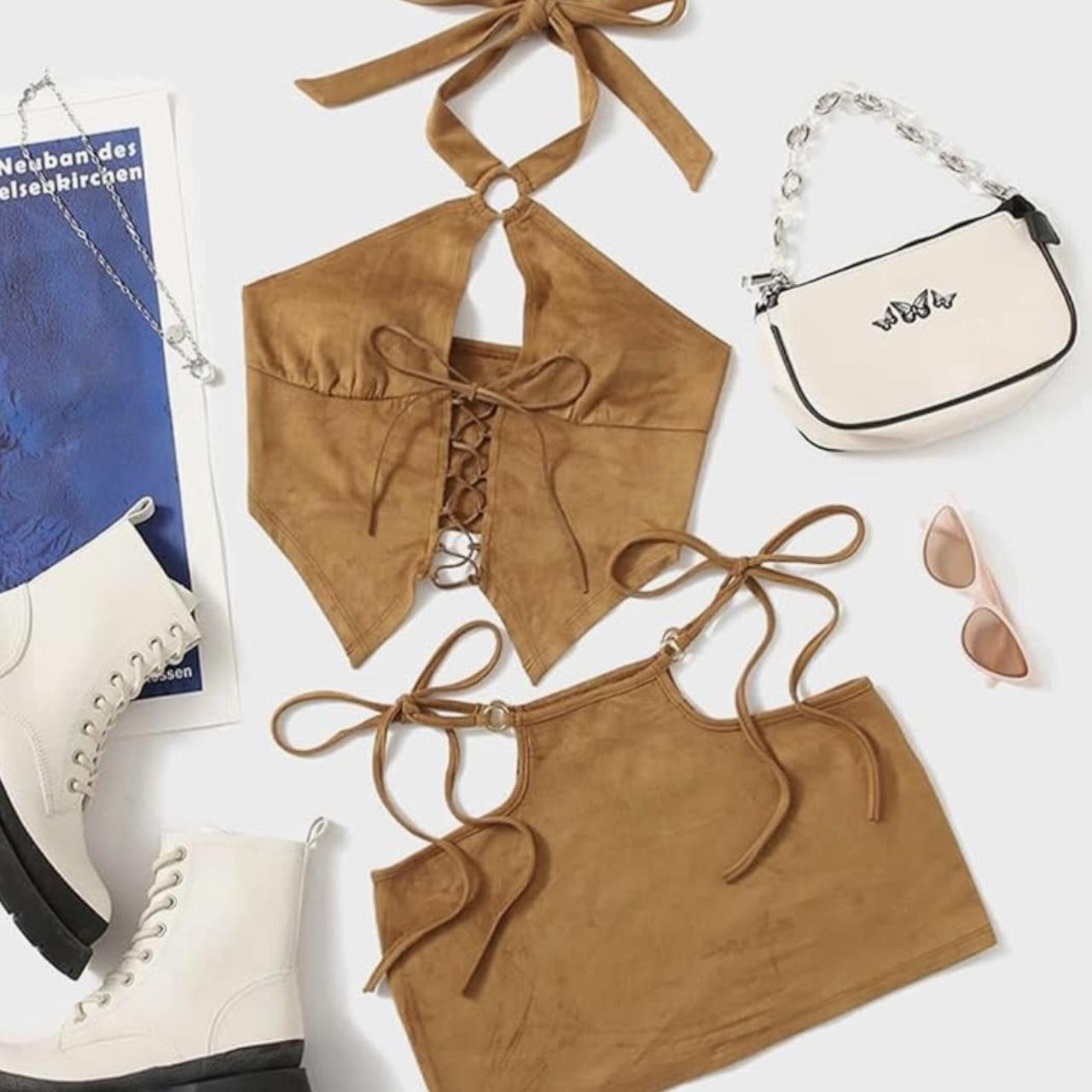 Verdusa Women's 2 Piece Outfit Lace Up Crop Halter... - Depop