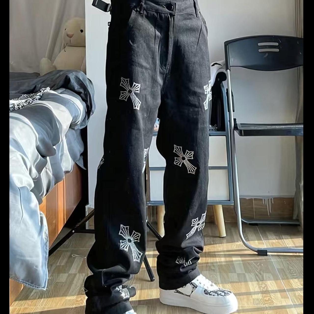 Cross pattern straight leg jeans Available sizes: M... - Depop