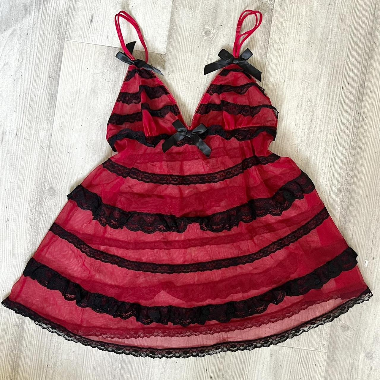 adorable vintage la senza red and black chiffon... - Depop