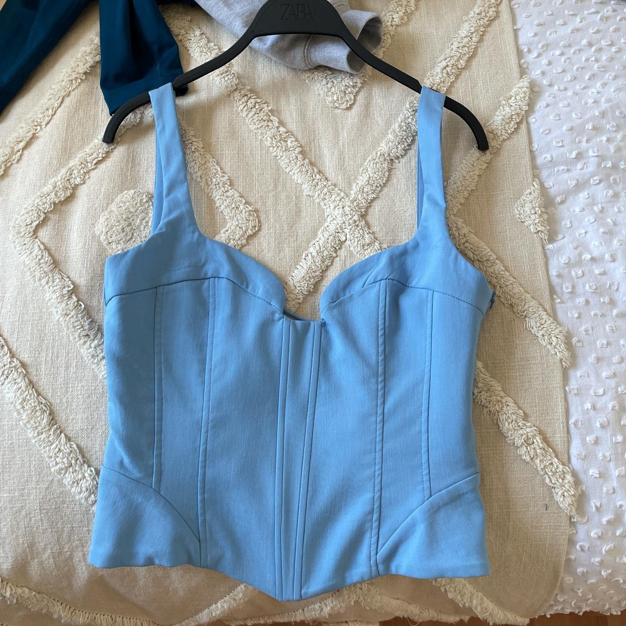 Zara corset top in blue with lace up back. Size UK... - Depop