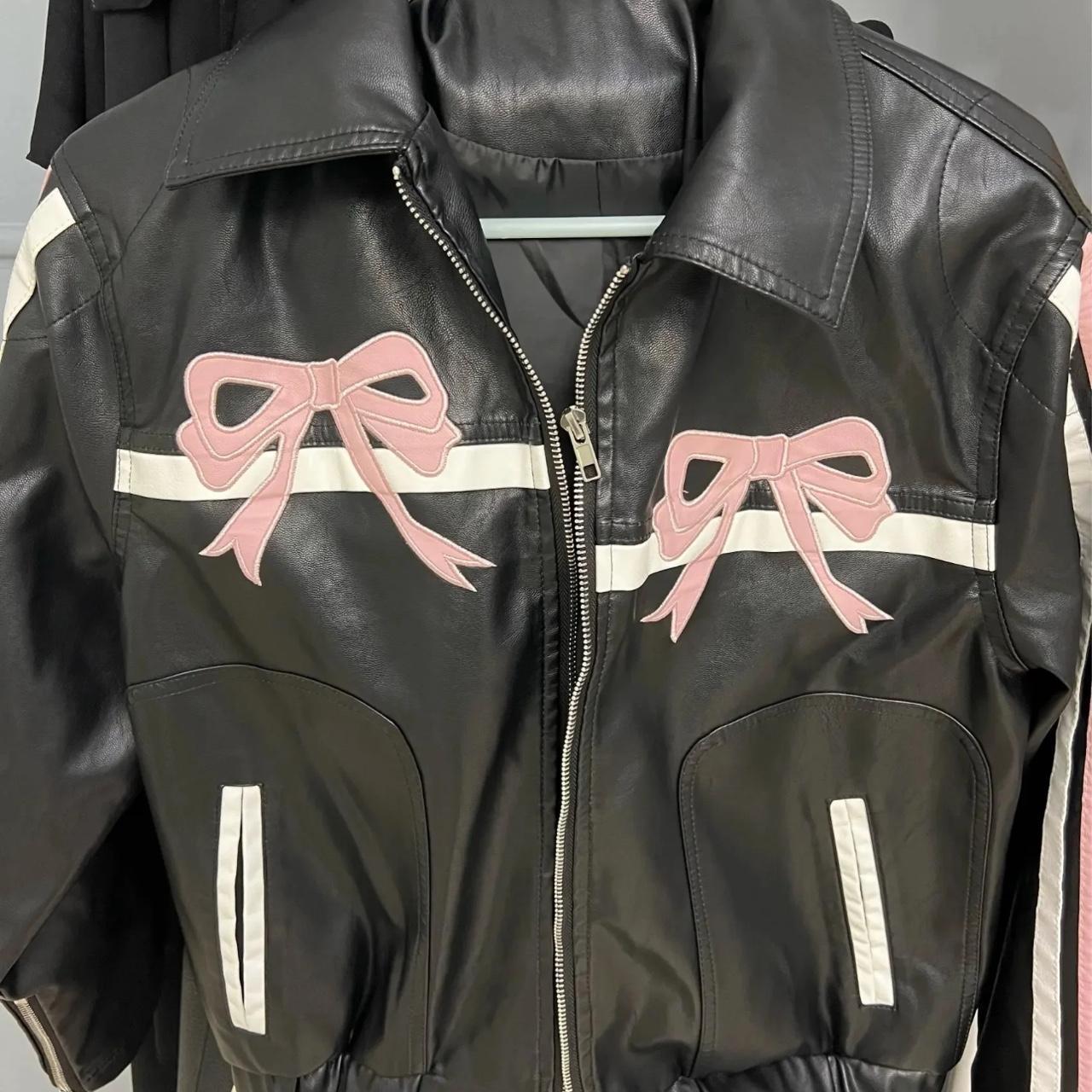Faux Leather Bow Jacket Pre-loved but no label on it... - Depop