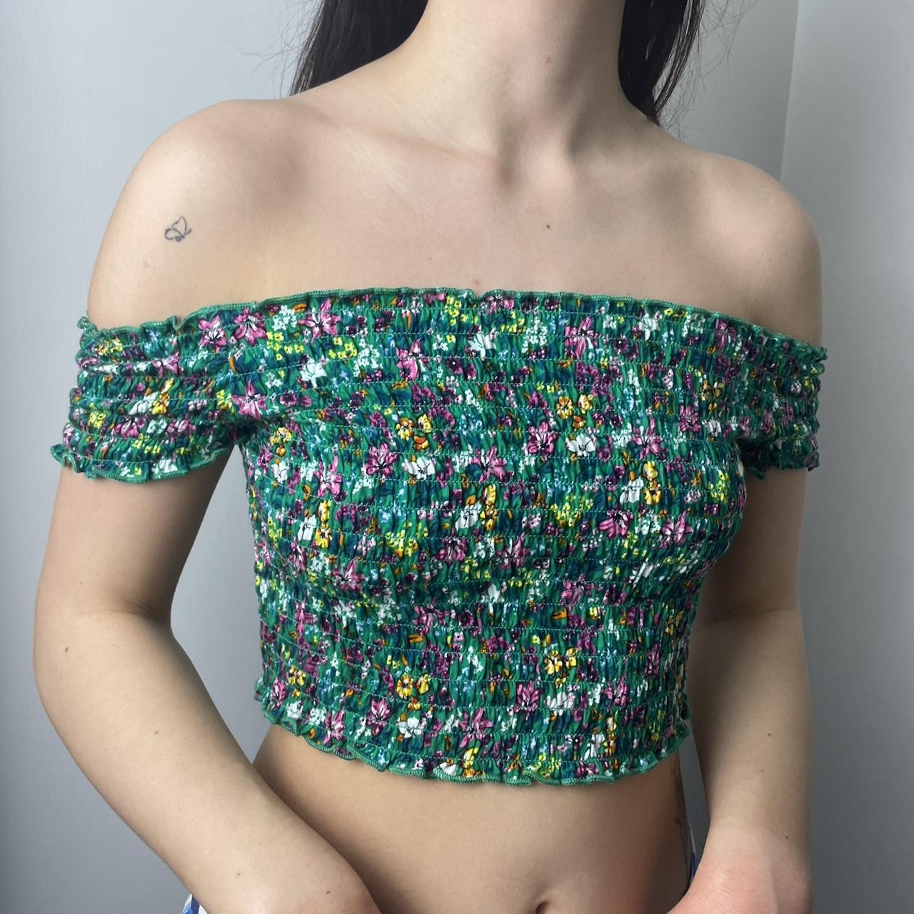 green floral off the shoulder top - Depop