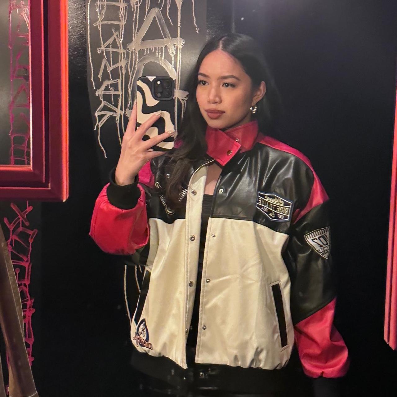 EGO MOTOCROSS JACKET IN RED MULTI FAUX LEATHER Out... - Depop