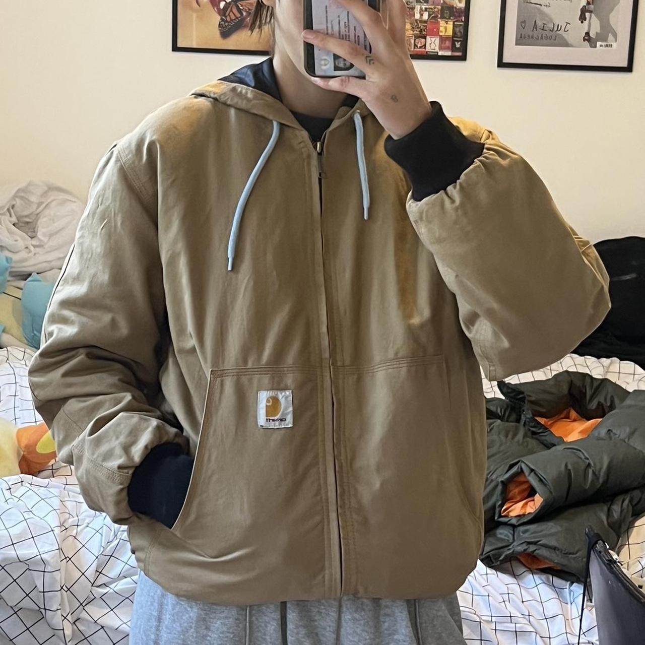 Reworked Carharrt hooded jacket Beige/brown... - Depop